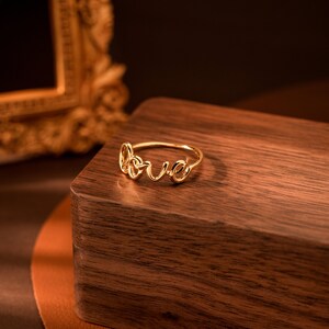 18K Dainty Love Ring, Gold Plating Script Love Ring, 925 Sterling Silver Ring, Valentine's Day ...