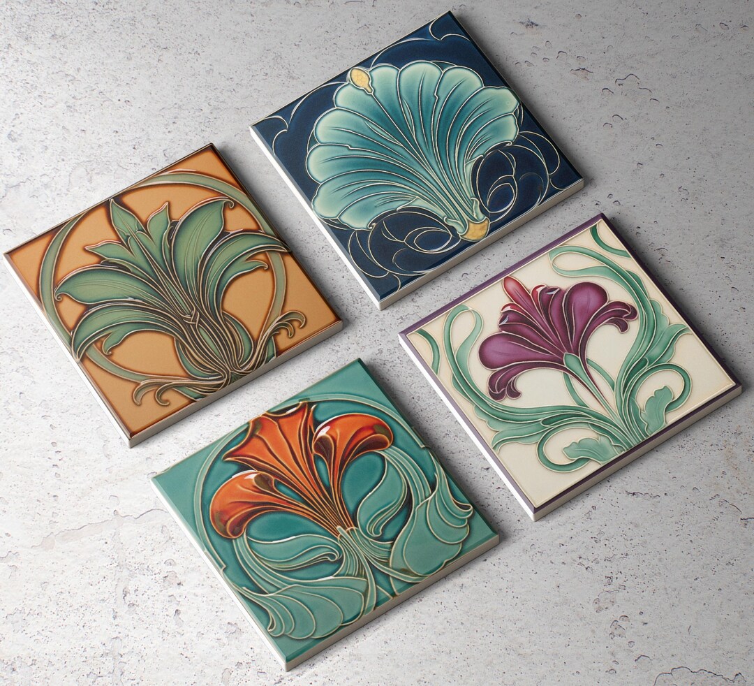 Coasters, Handmade Tile Coasters, Set of 4 Drink Coasters, Art Nouveau ...