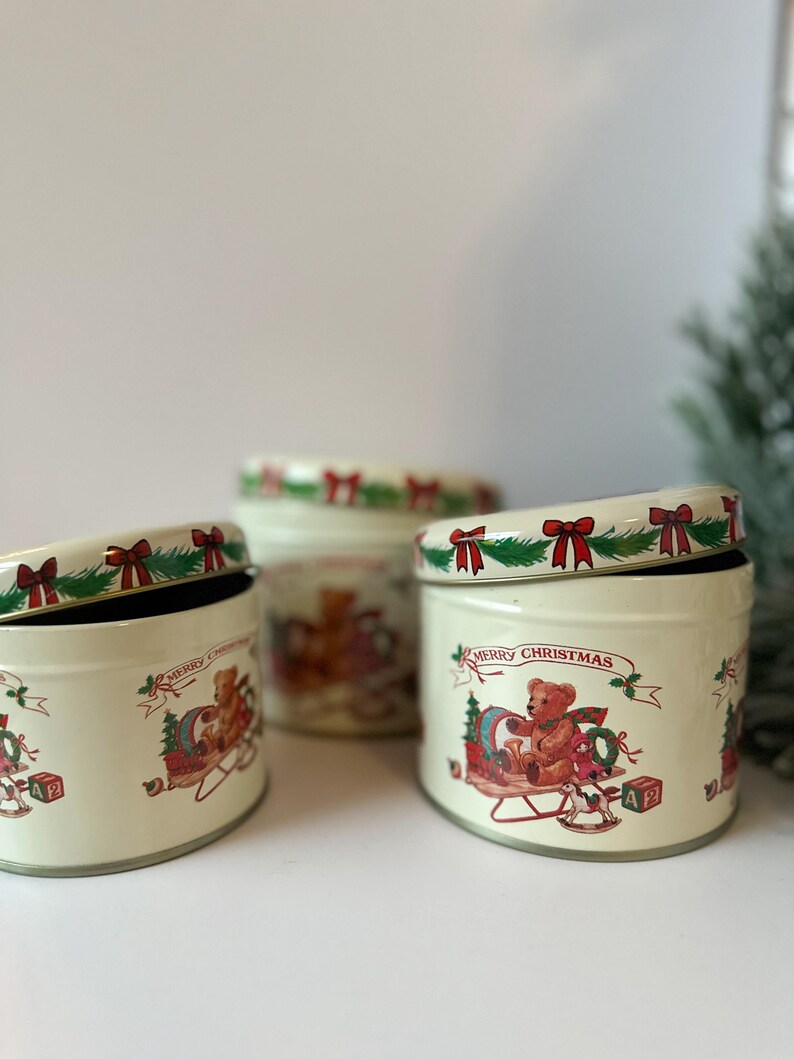 Set of 3 Vintage Christmas Bear Tins Cream Colored Holiday Storage Tins ...