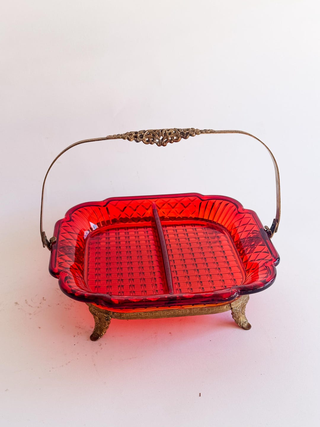 Vintage 1960s Red Glass Candy Dish With Brass Handle | Mid Century ...