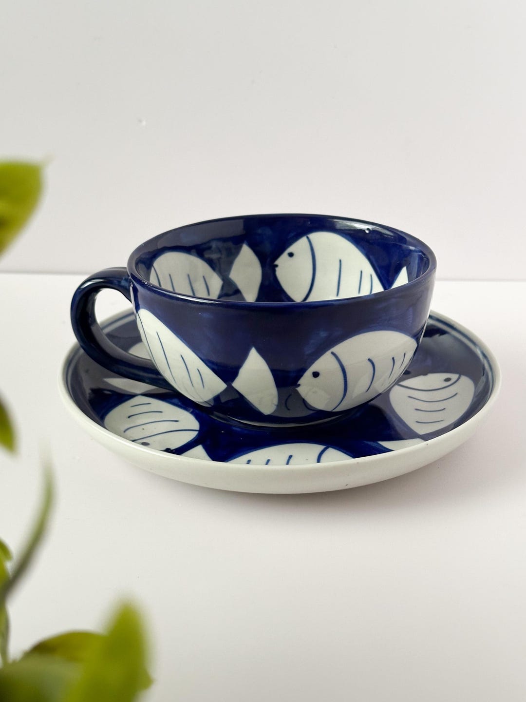 Handmade Dark Blue Cup & Saucer Set – Fish Design, Batik Indah ...