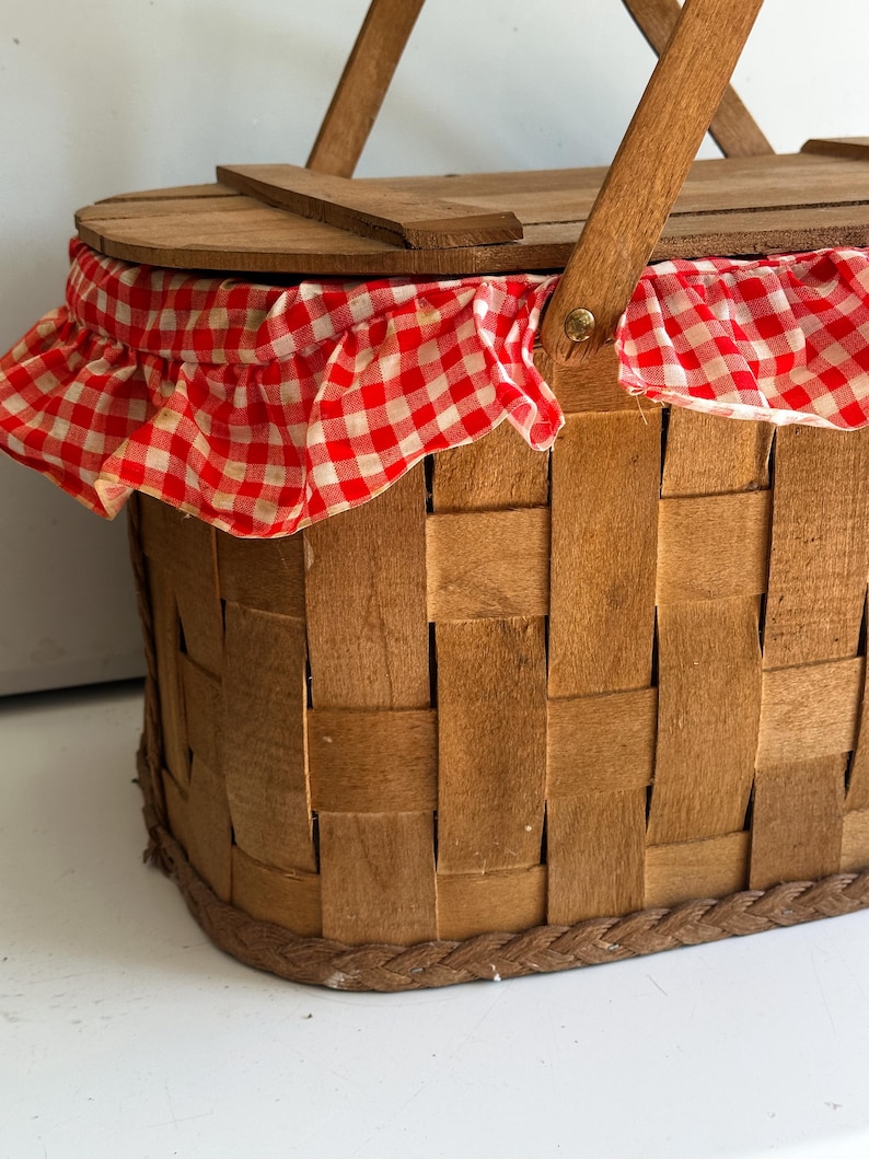 Vintage 1940s Splint Wood Picnic Basket: Red Checkered Liner, Rope Trim ...