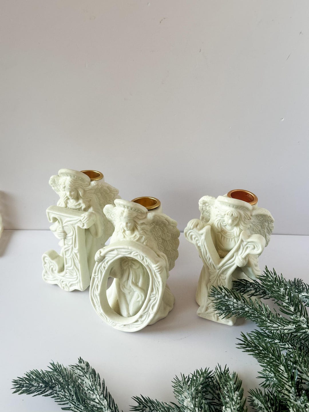 Vintage Artmark JOY Angel Candle Holders: Bisque Porcelain Christmas ...