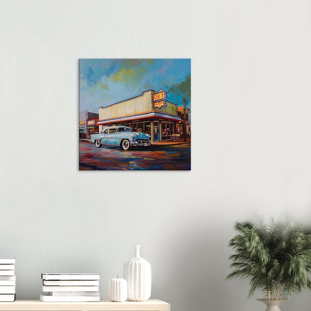 Vintage Retro 50s Style Buildings and Cars Oil Painting Style Canvas ...