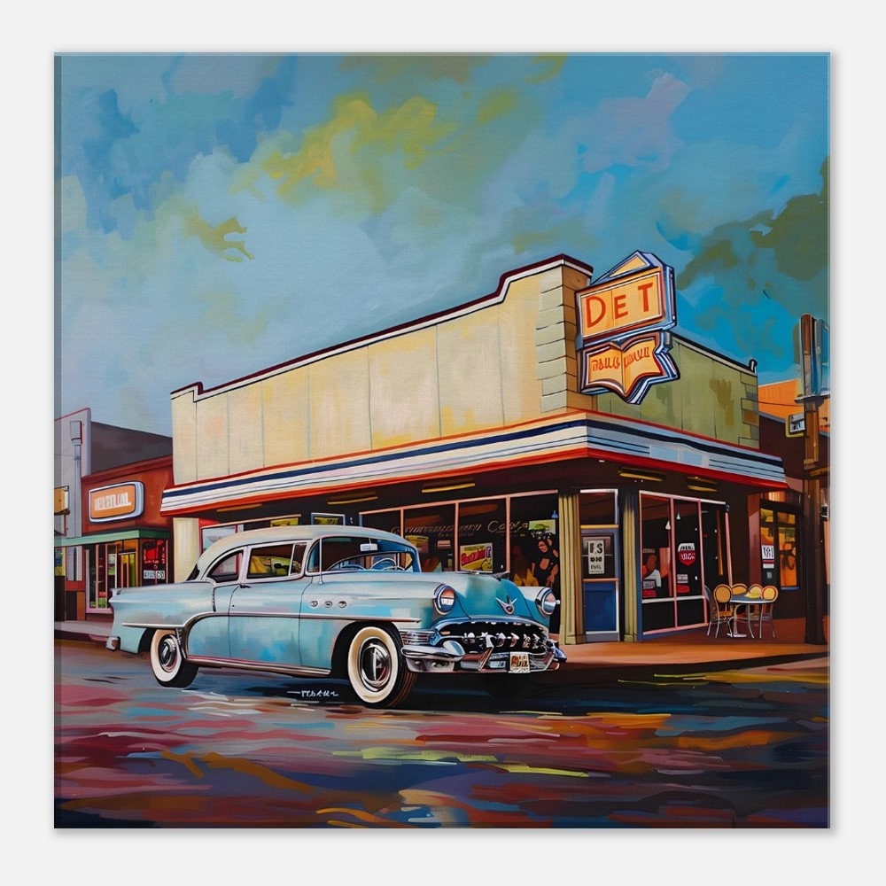 Vintage Retro 50s Style Buildings and Cars Oil Painting Style Canvas ...