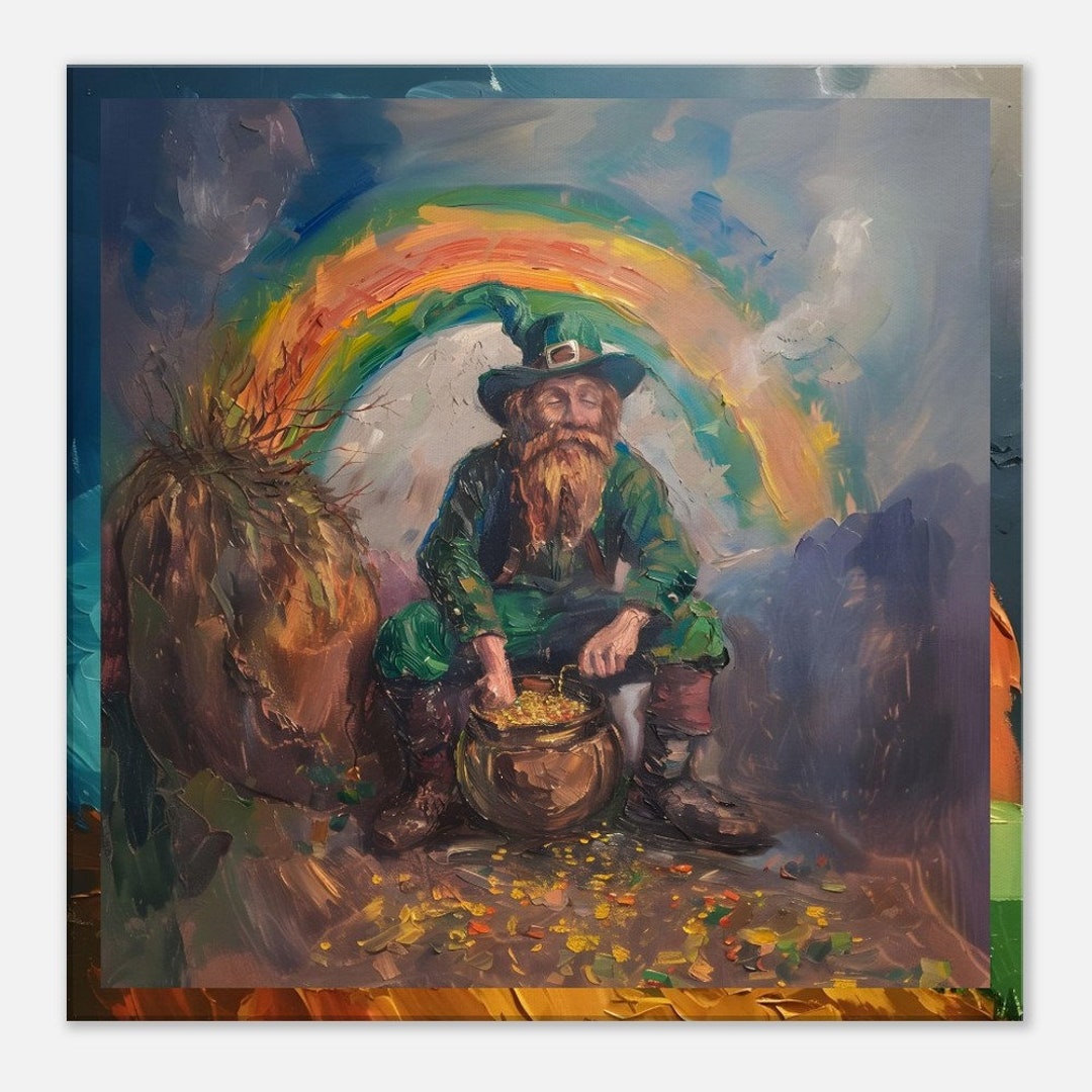 Leprechaun With Pot of Gold in Front of a Rainbow Oil Painting Style ...