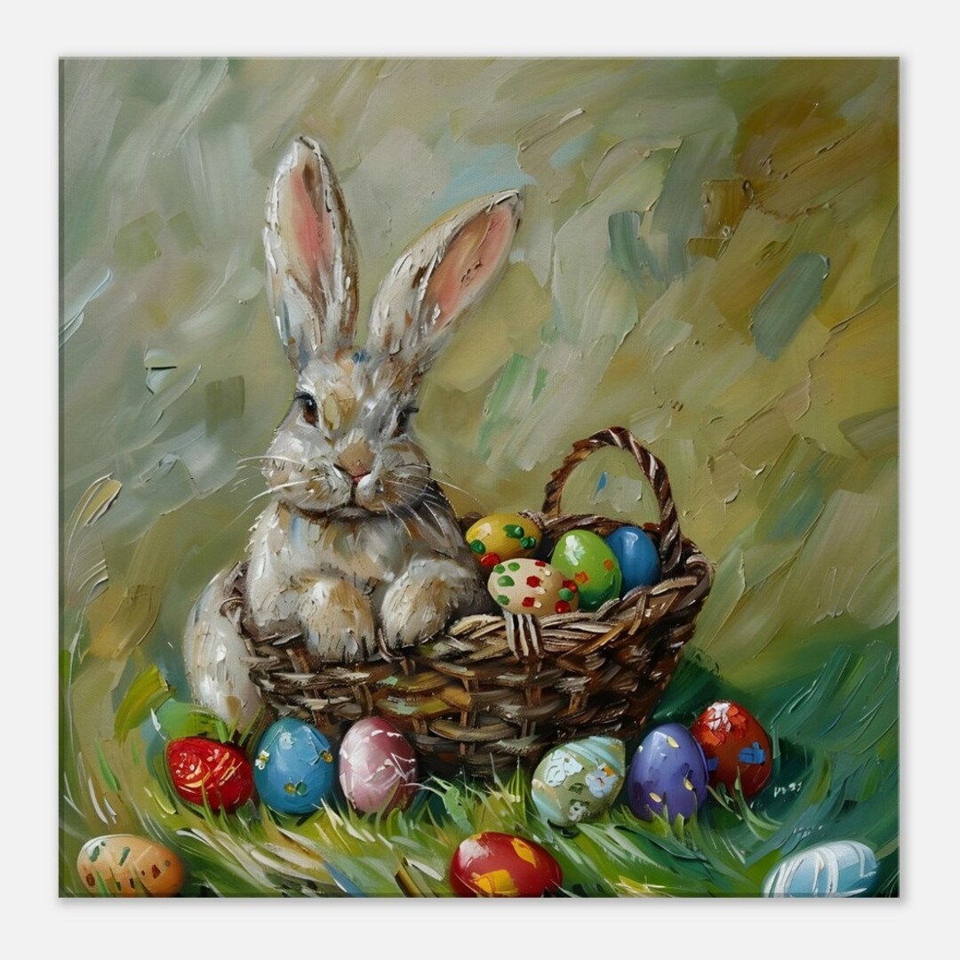 Easter Bunny Oil Painting Printed Canvas, Easter Prints, Vintage Happy ...