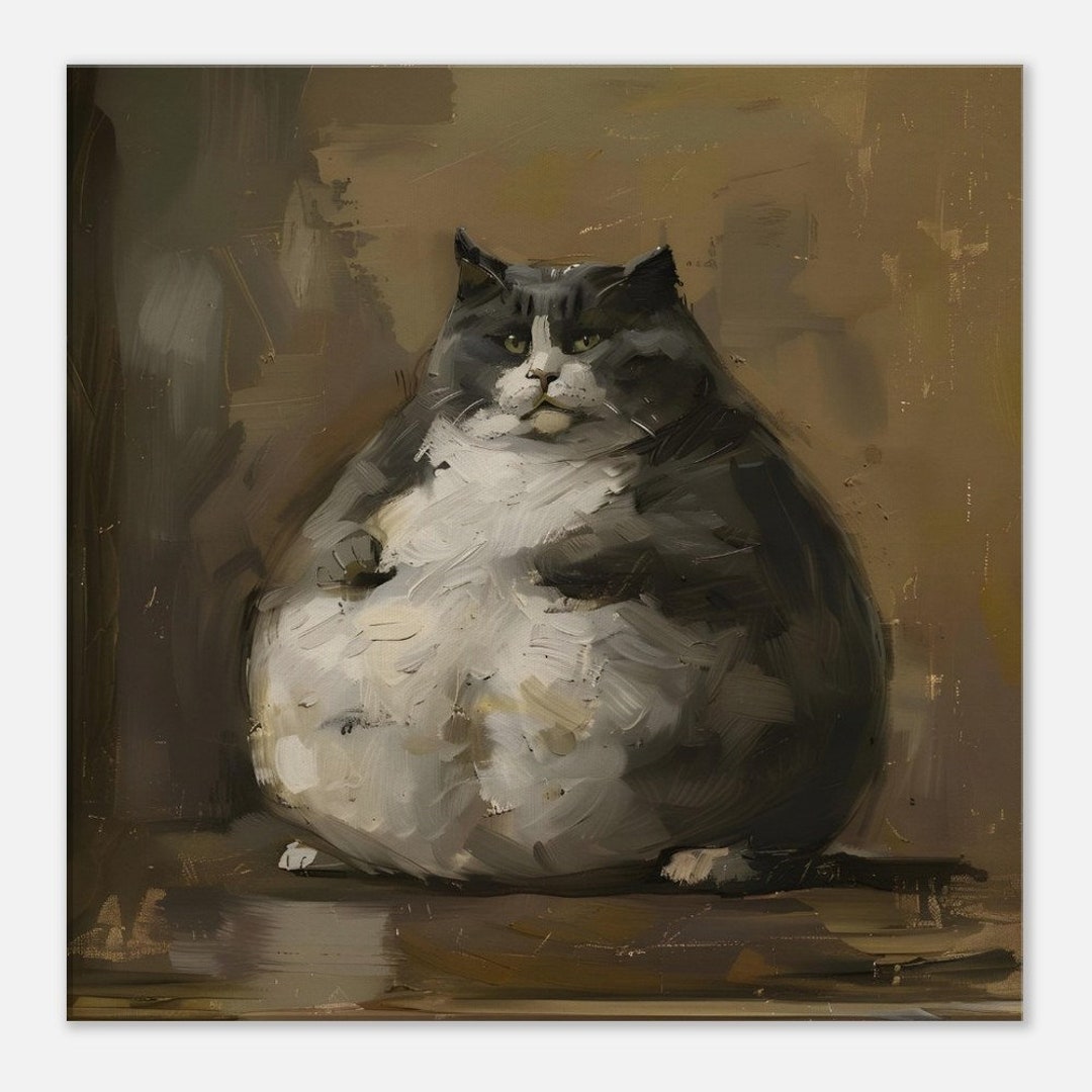 Cute, Funny, Fat Cat Oil Painting Style Canvas Print, Wall Art, Wall ...