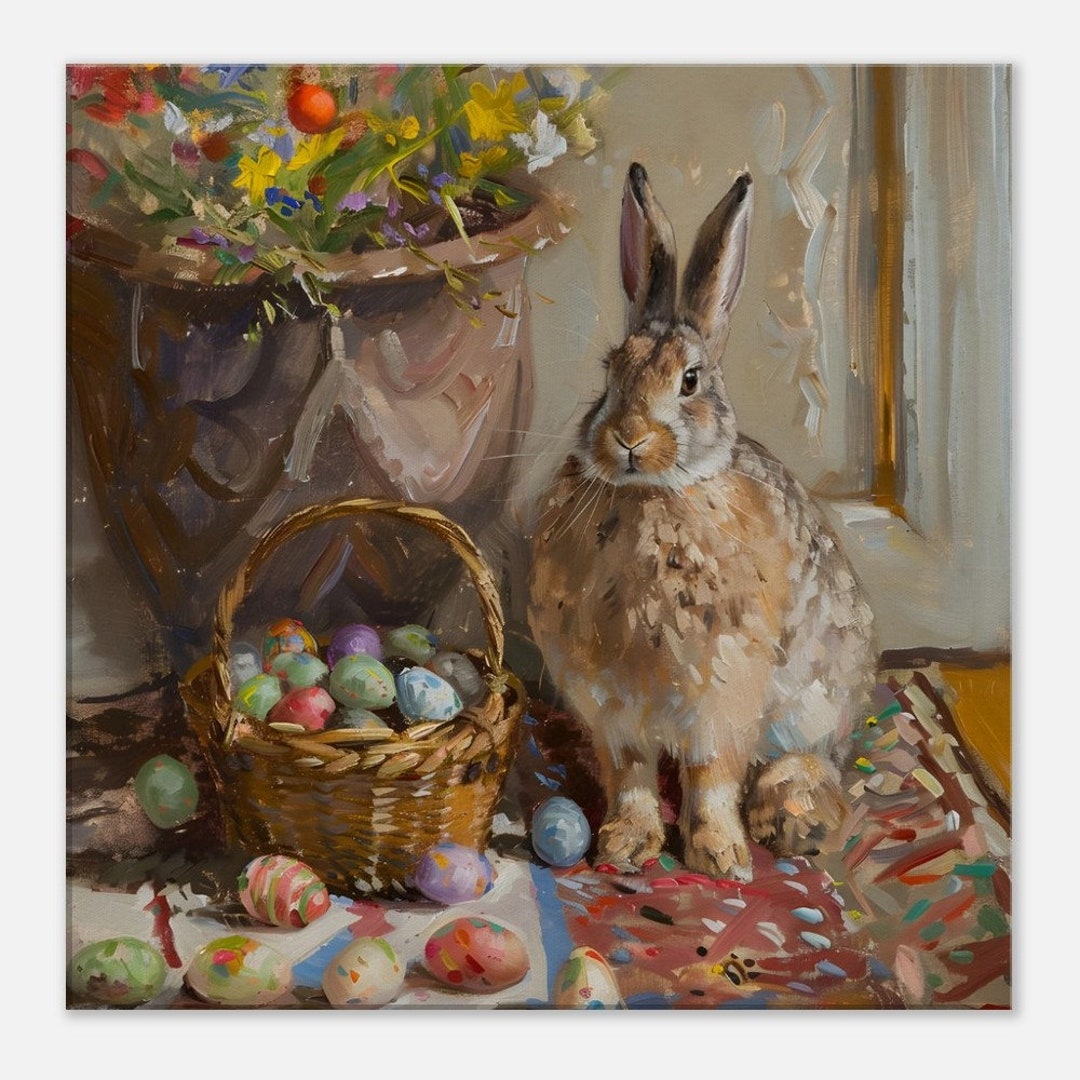 Easter Bunny Oil Painting Printed Canvas, Easter Prints, Vintage Happy ...