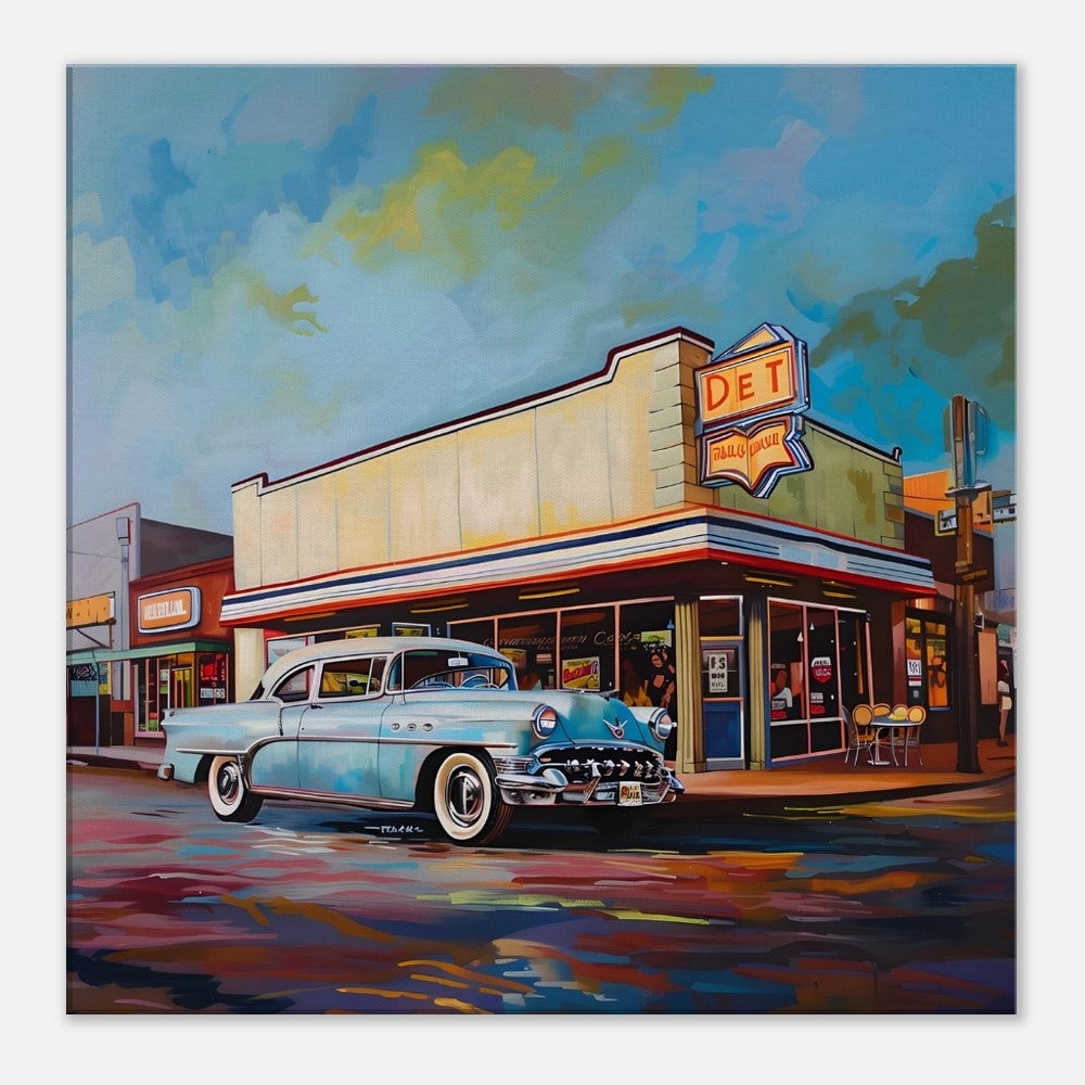 Vintage Retro 50s Style Buildings and Cars Oil Painting Style Canvas ...