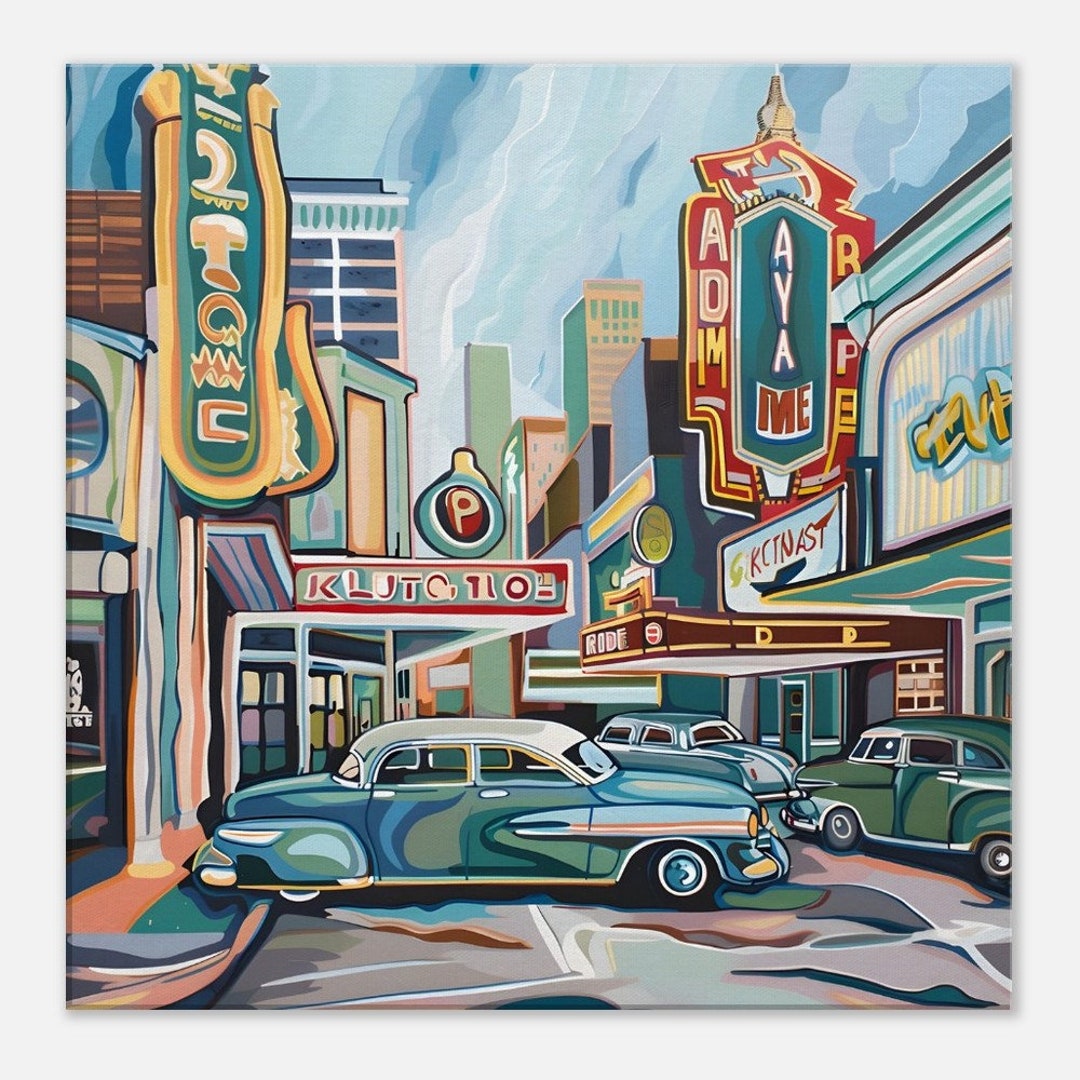Vintage Retro 50s Style Buildings and Cars Oil Painting Style Canvas ...