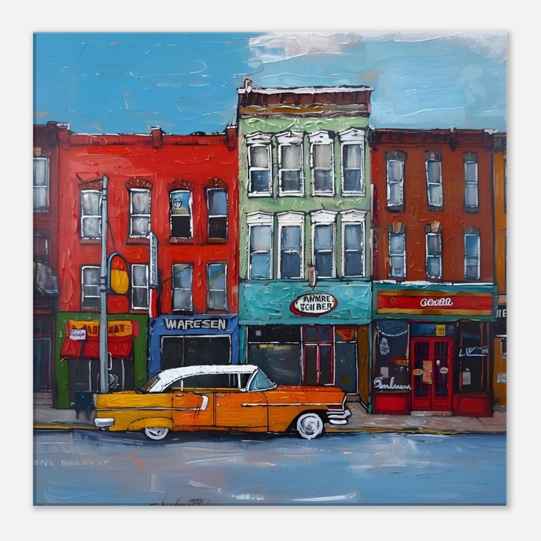 Vintage Retro 50s Style Buildings and Cars Oil Painting Style Canvas ...