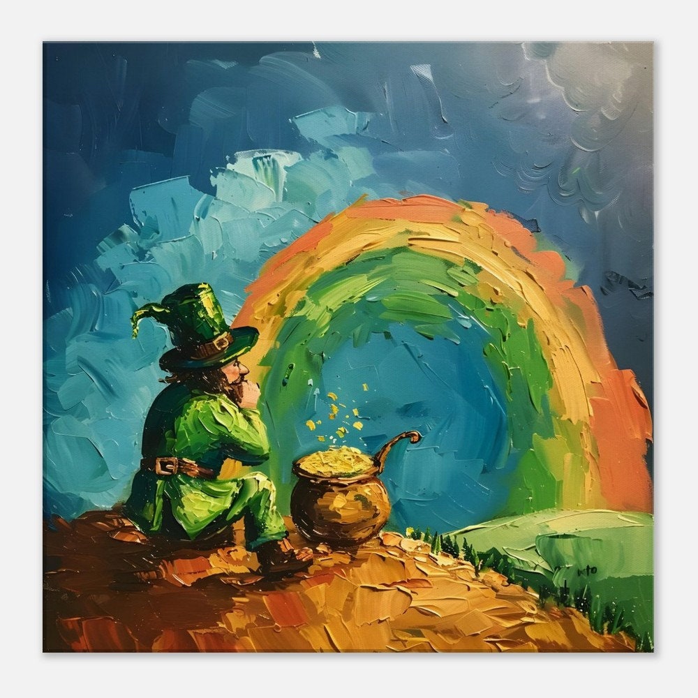 Leprechaun With Pot of Gold in Front of a Rainbow Oil Painting Style ...