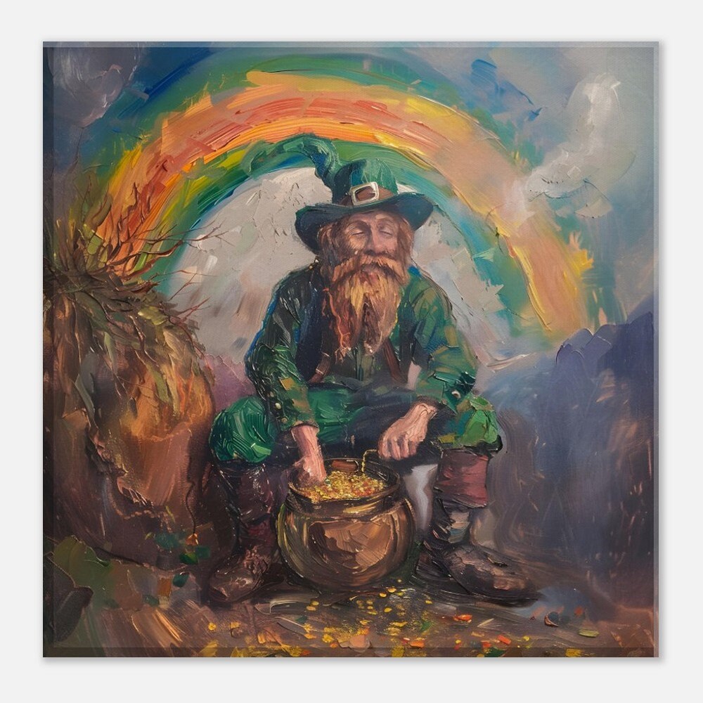 Leprechaun With Pot of Gold in Front of a Rainbow Oil Painting Style ...