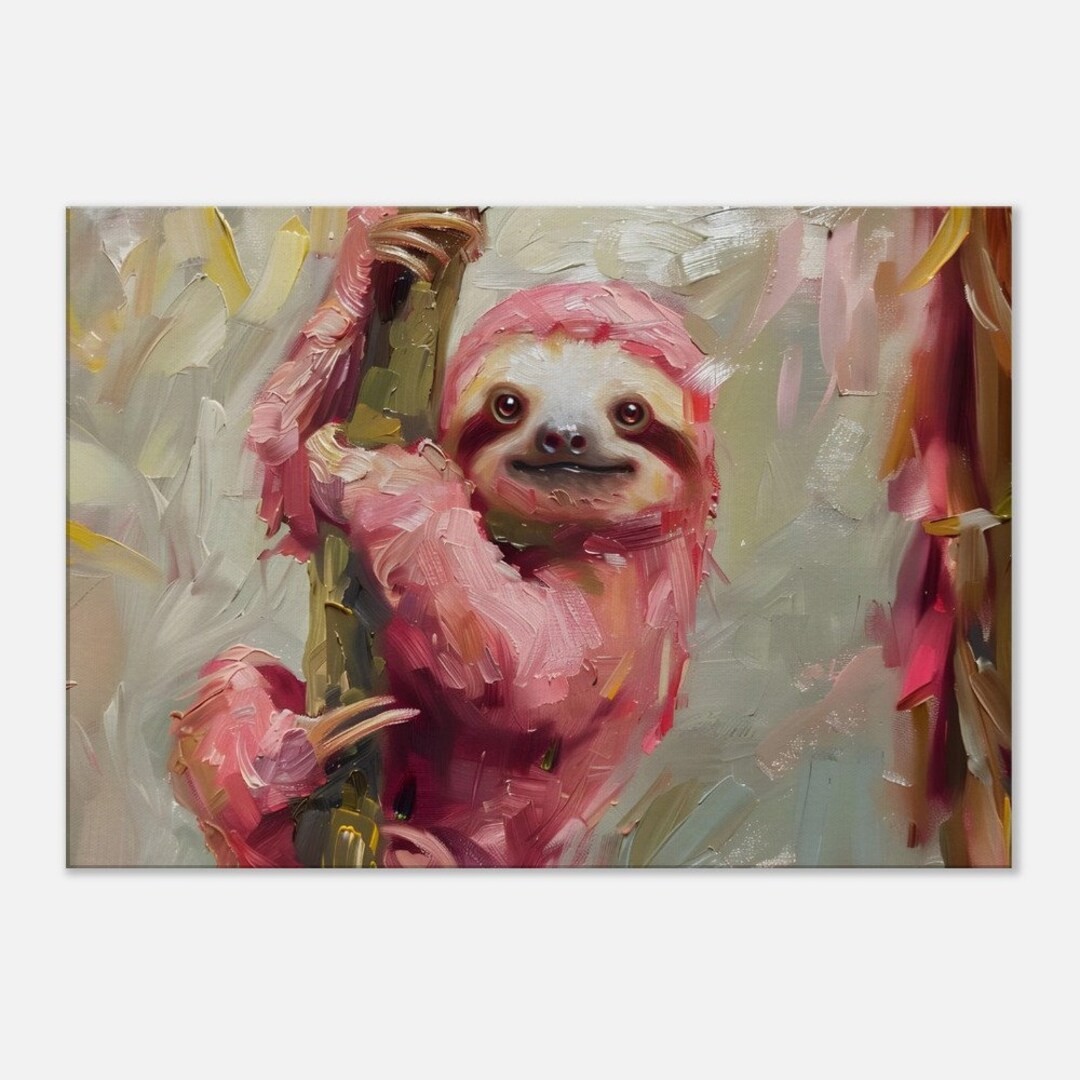 Pink Sloth Hanging From Branch Oil Painting Style Print on Canvas Wall ...