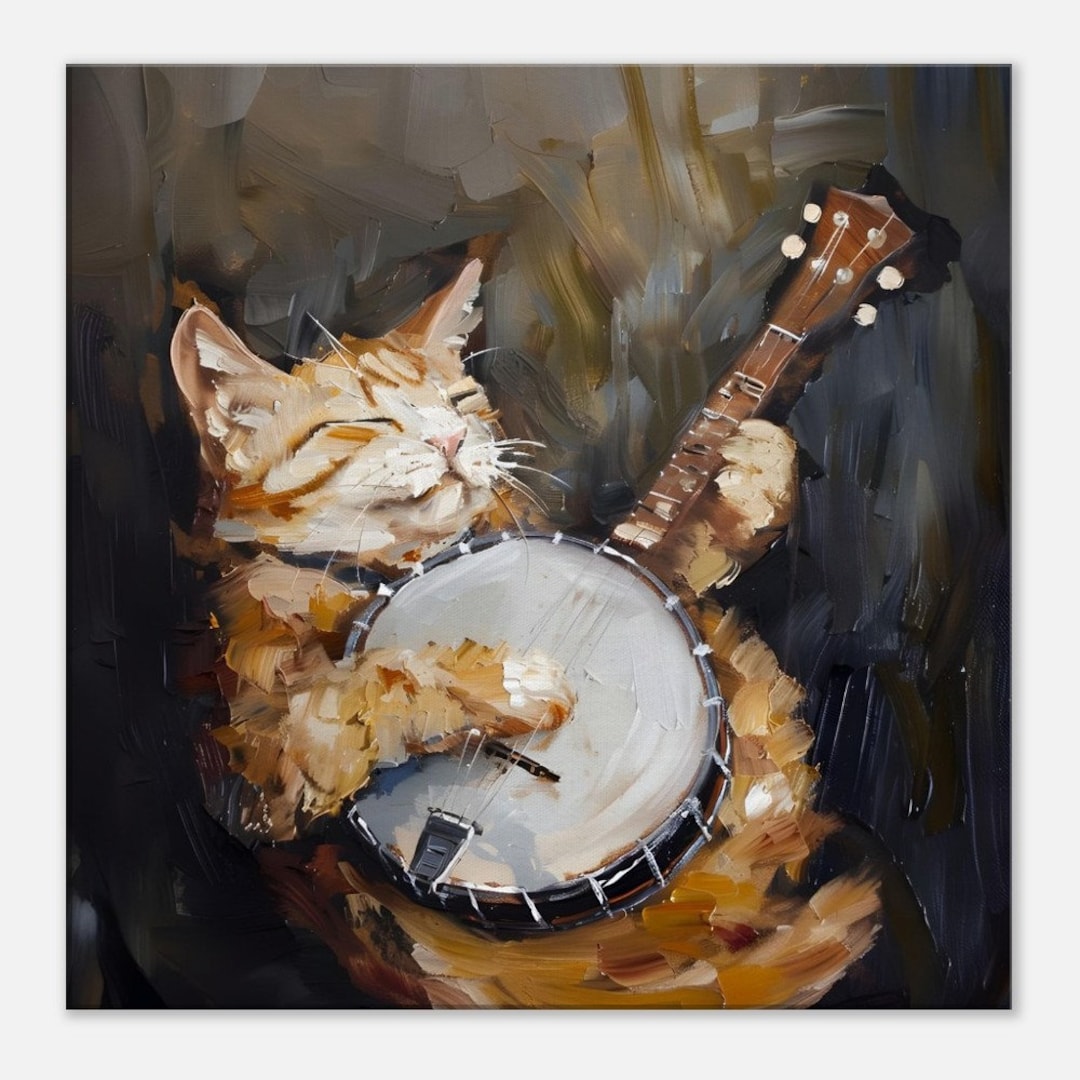 Cat Playing Banjo Oil Painting Style Canvas Print, Cute, Funny, Wall ...