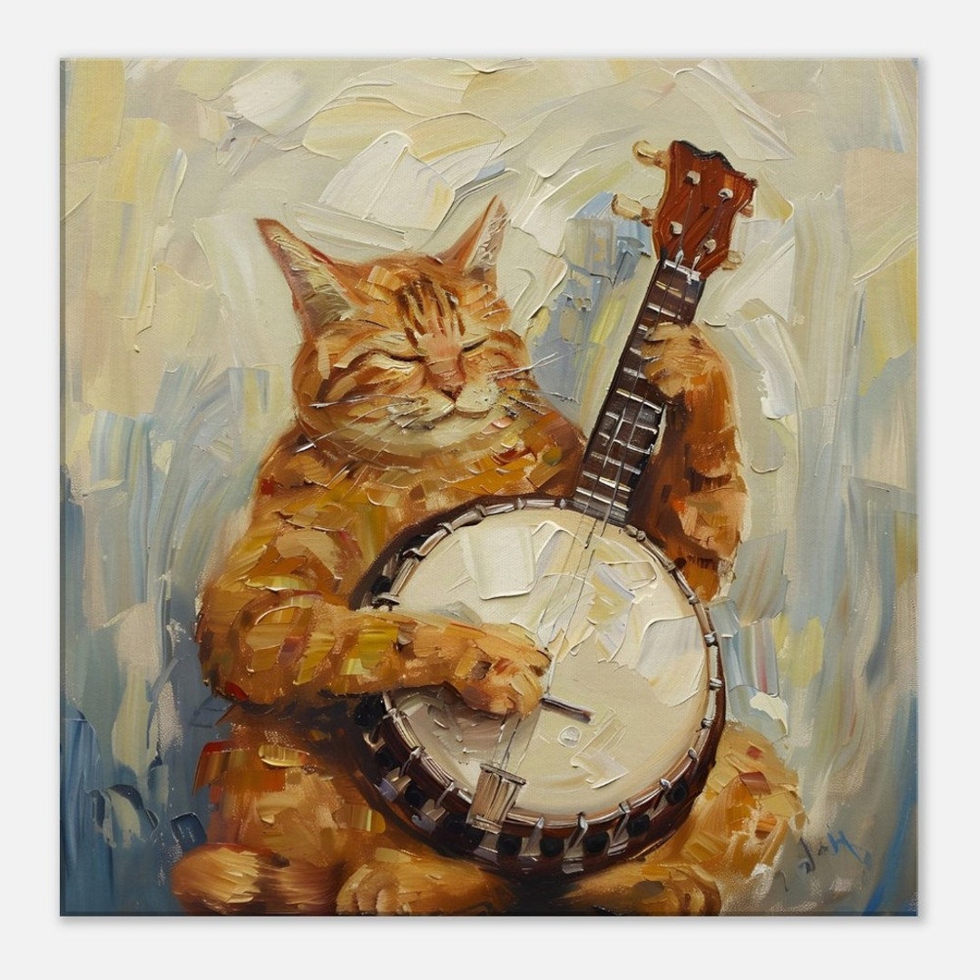 Cat Playing Banjo Oil Painting Style Canvas Print, Cute, Funny, Wall ...