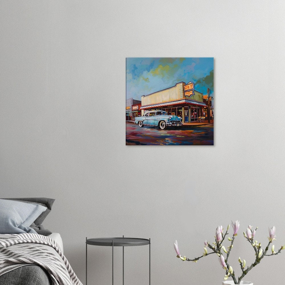 Vintage Retro 50s Style Buildings and Cars Oil Painting Style Canvas ...
