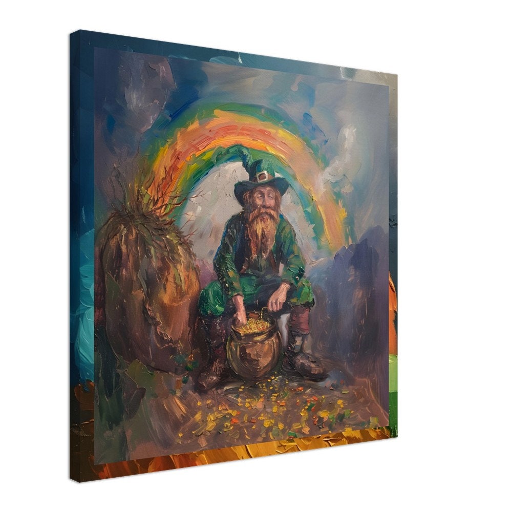 Leprechaun With Pot of Gold in Front of a Rainbow Oil Painting Style ...