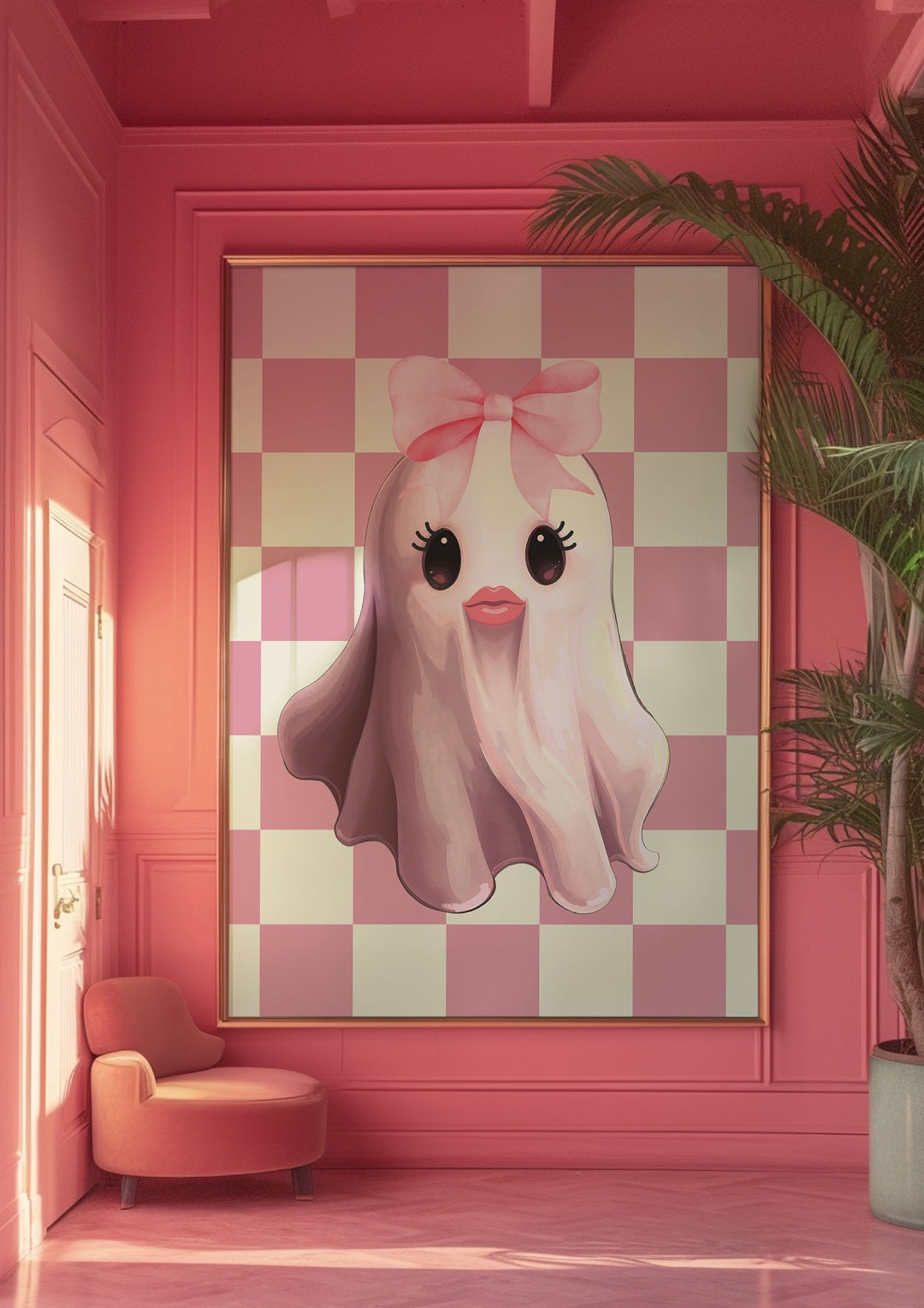Pink Bow Ghost Wall Art Print, Halloween Decor, Preppy Trendy Printable ...