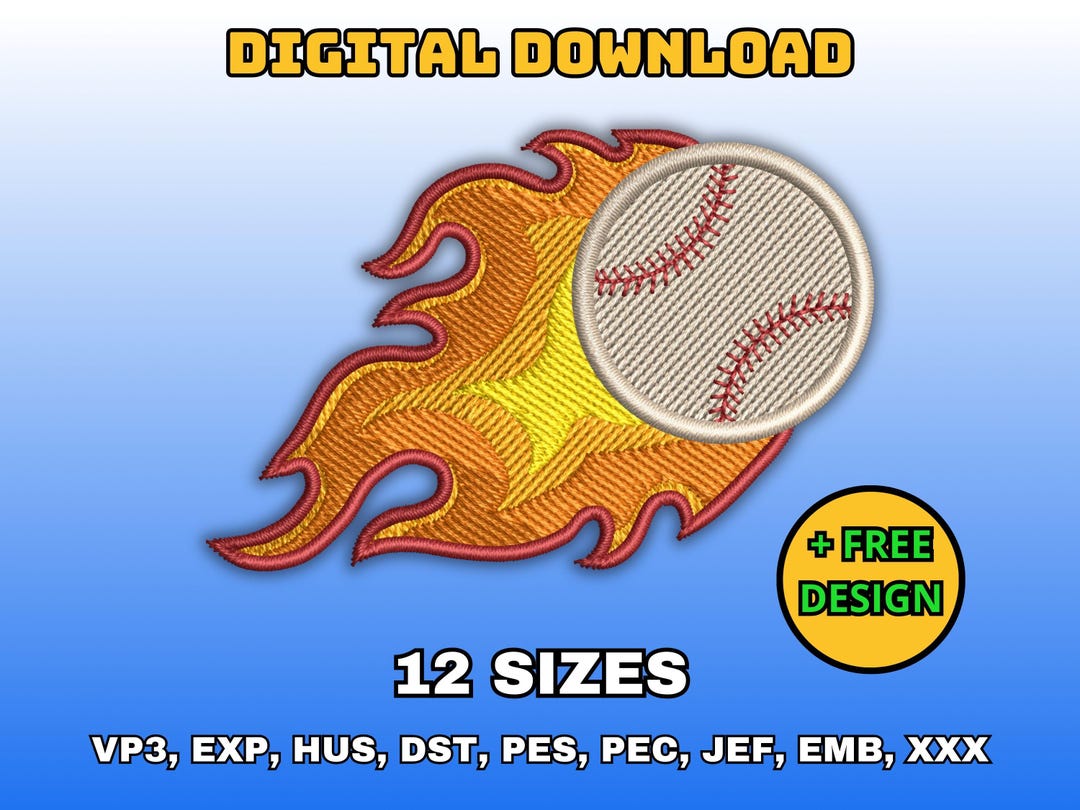 Baseball on Fire - Embroidery Design, Digital Machine Embroidery Files ...
