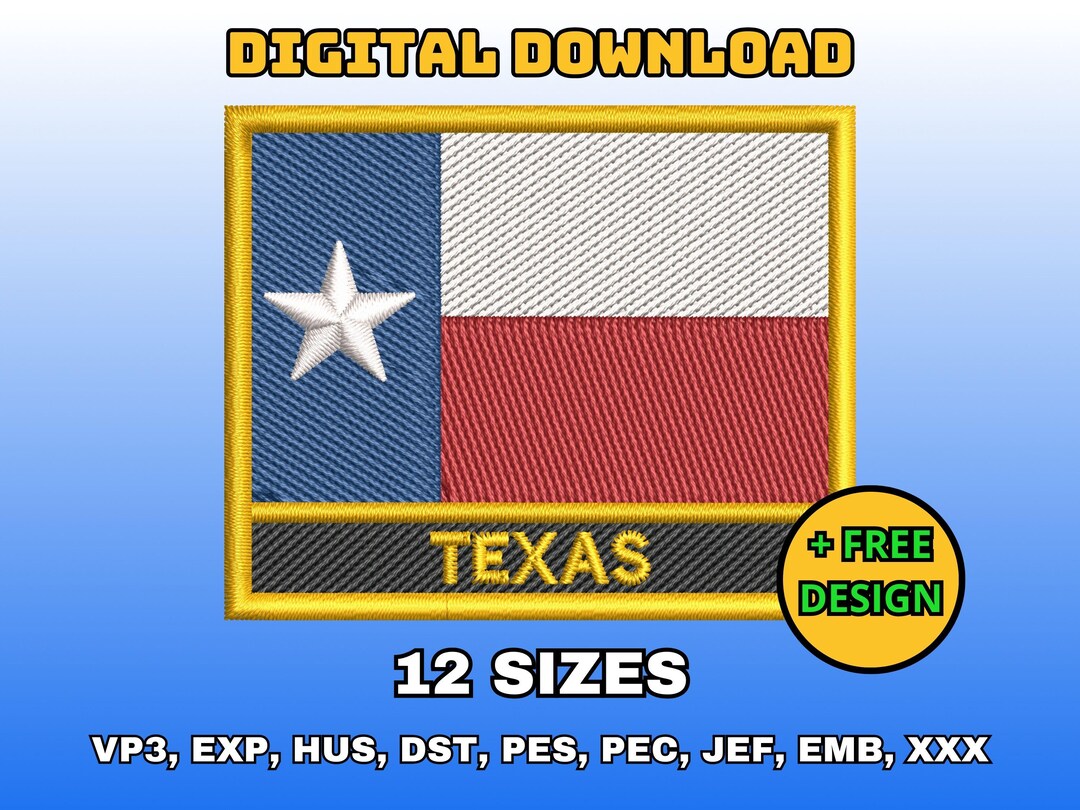 Texas Flag With Text Label - Embroidery Design, Digital Machine ...