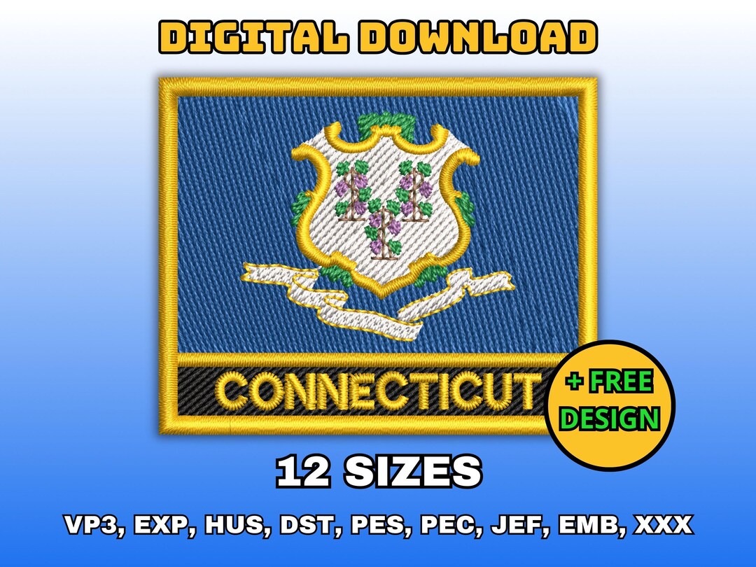 Connecticut Flag With Text Label - Embroidery Design, Digital Machine ...