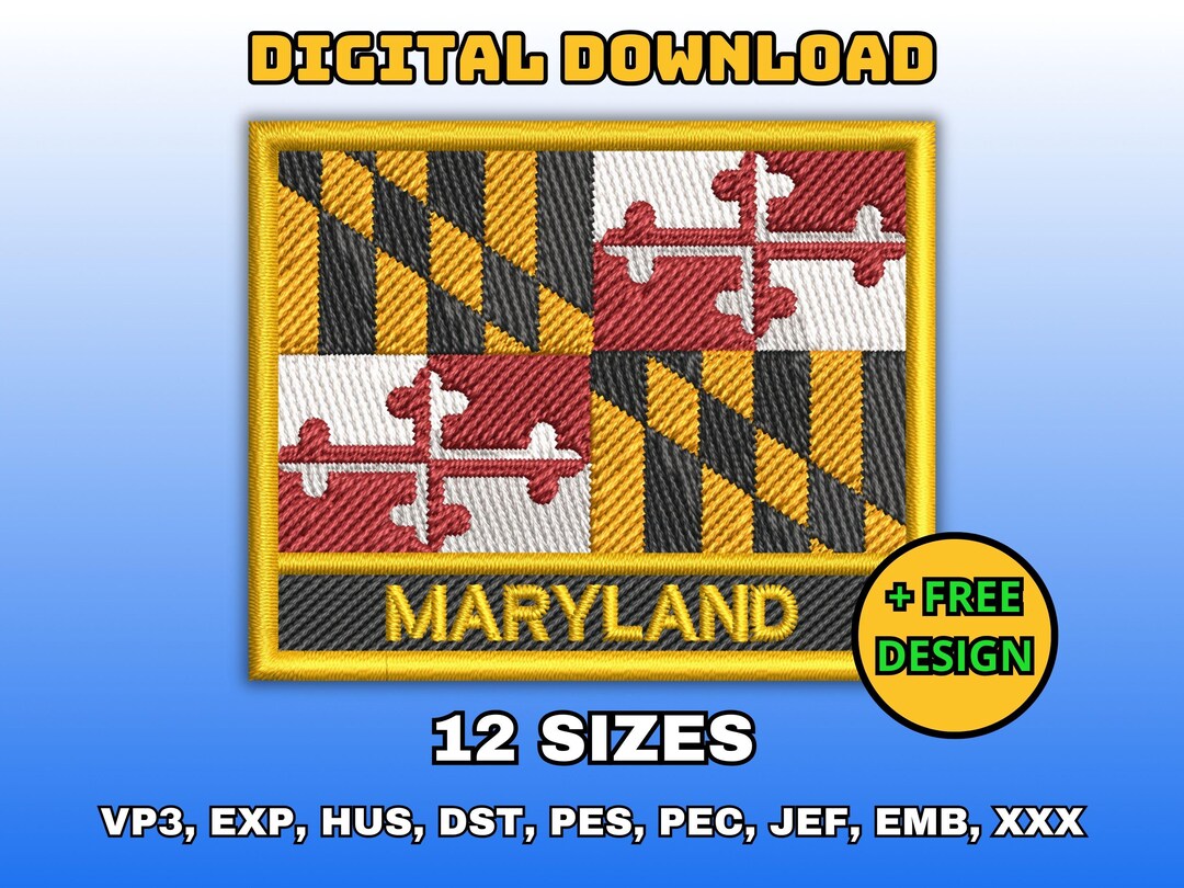 Maryland Flag With Text Label - Embroidery Design, Digital Machine ...