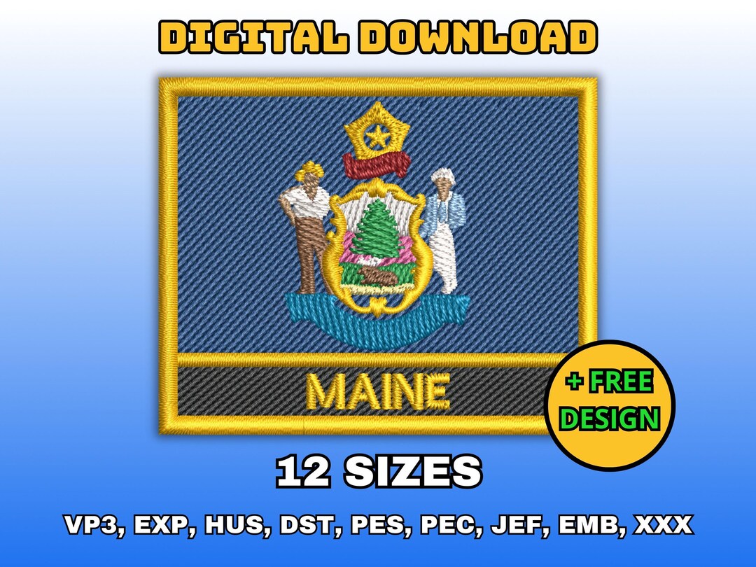 Maine Flag With Text Label - Embroidery Design, Digital Machine ...