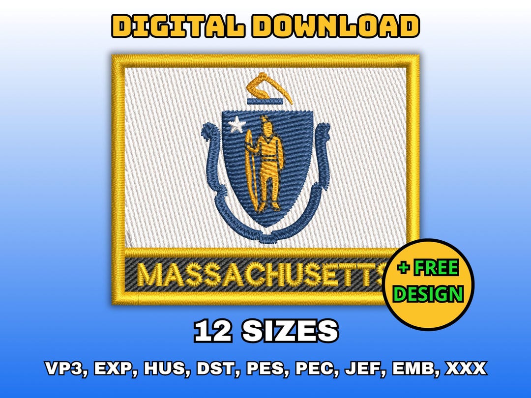 Massachusetts Flag With Text Label - Embroidery Design, Digital Machine ...