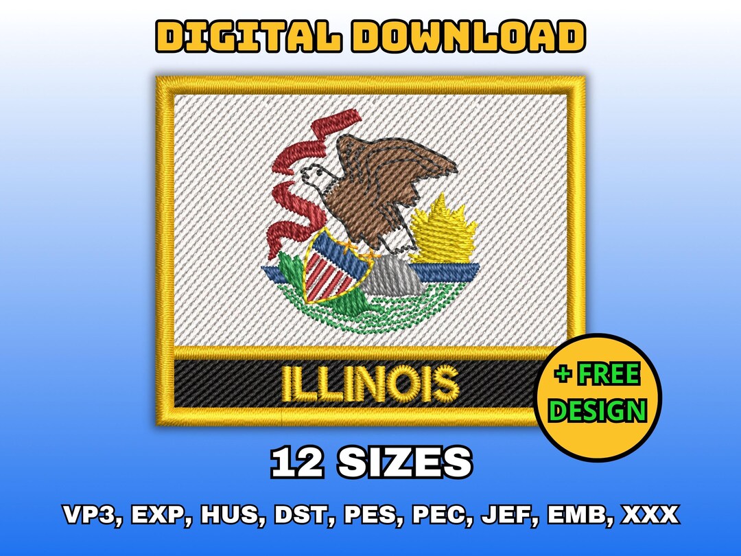 Illinois Flag With Text Label - Embroidery Design, Digital Machine ...