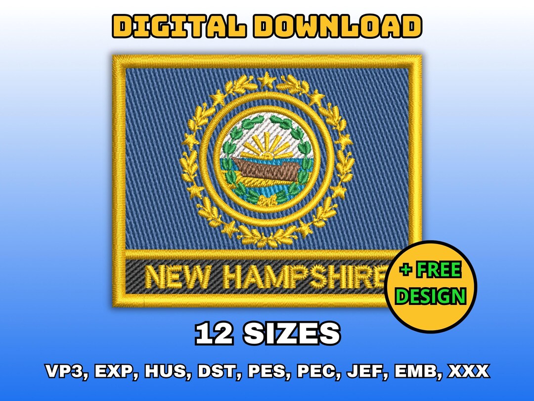 New Hampshire Flag With Text Label - Embroidery Design, Digital Machine ...