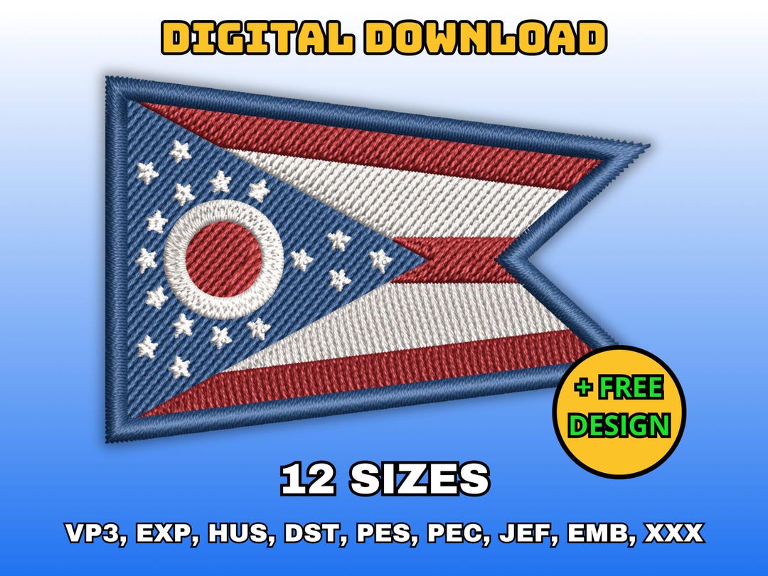 Ohio Flag Embroidery Design, Digital Machine Embroidery Files, USA Ohio ...
