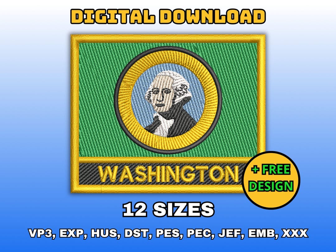 Washington Flag With Text Label - Embroidery Design, Digital Machine ...