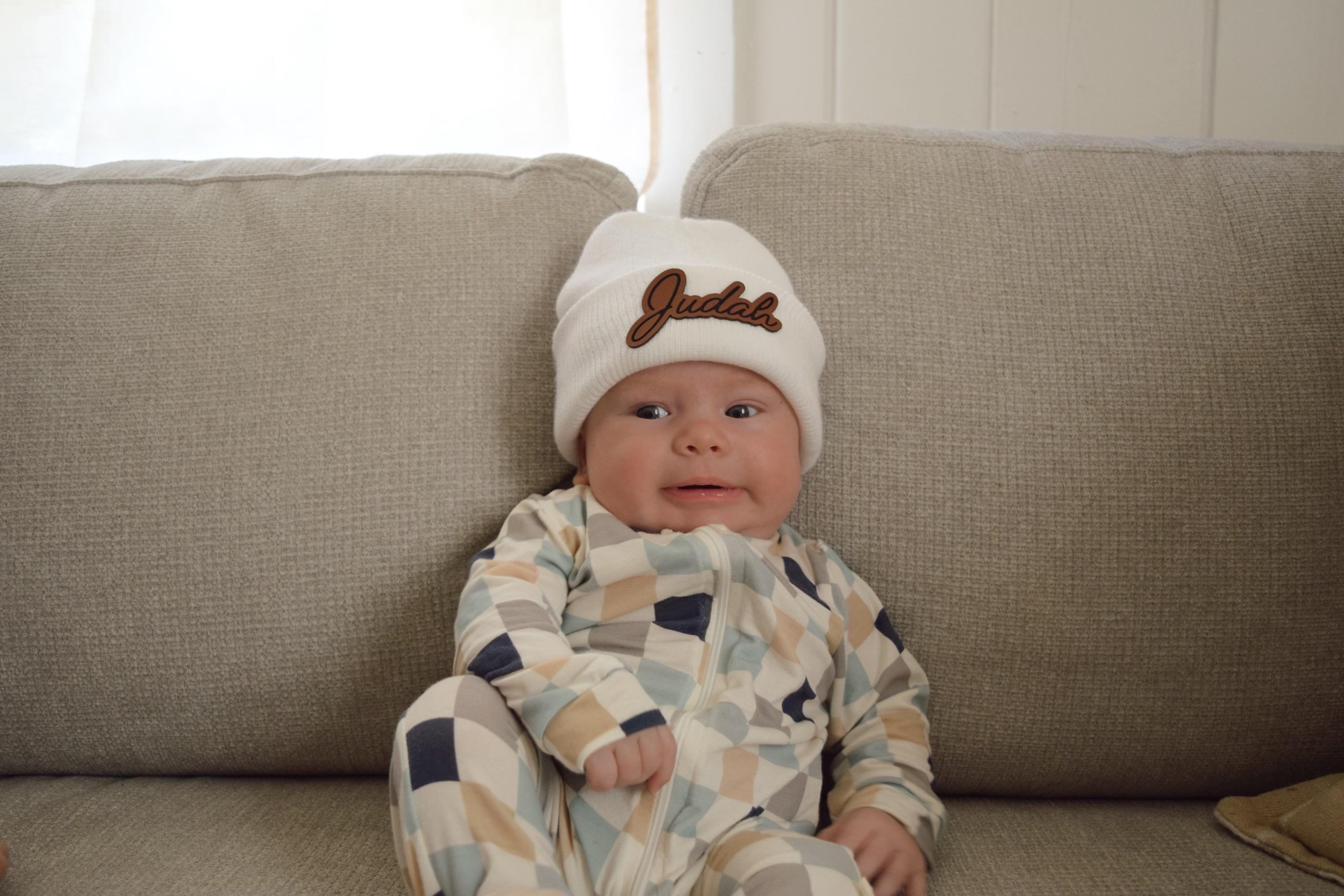 Personalized Baby Hat With Name, Custom Infant Beanie, Leather Patch ...