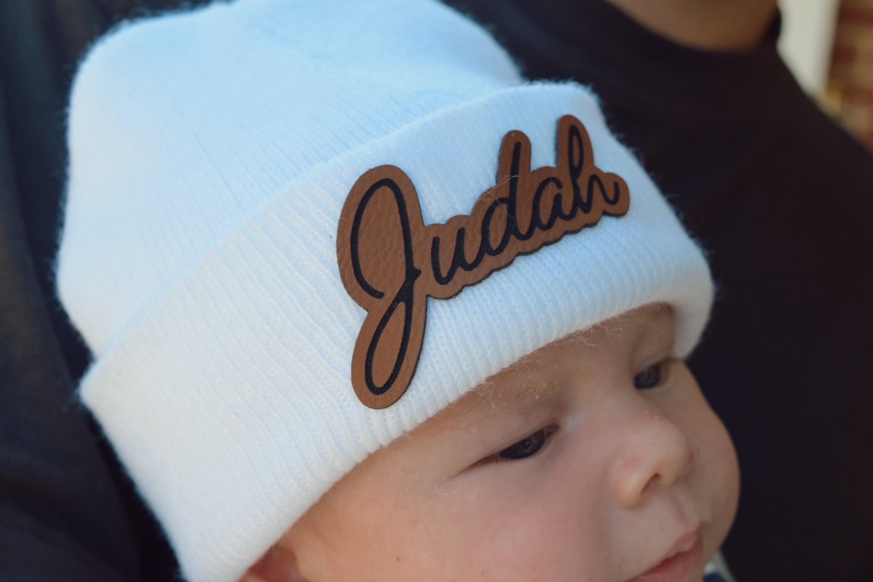 Personalized Baby Hat With Name, Custom Infant Beanie, Leather Patch ...