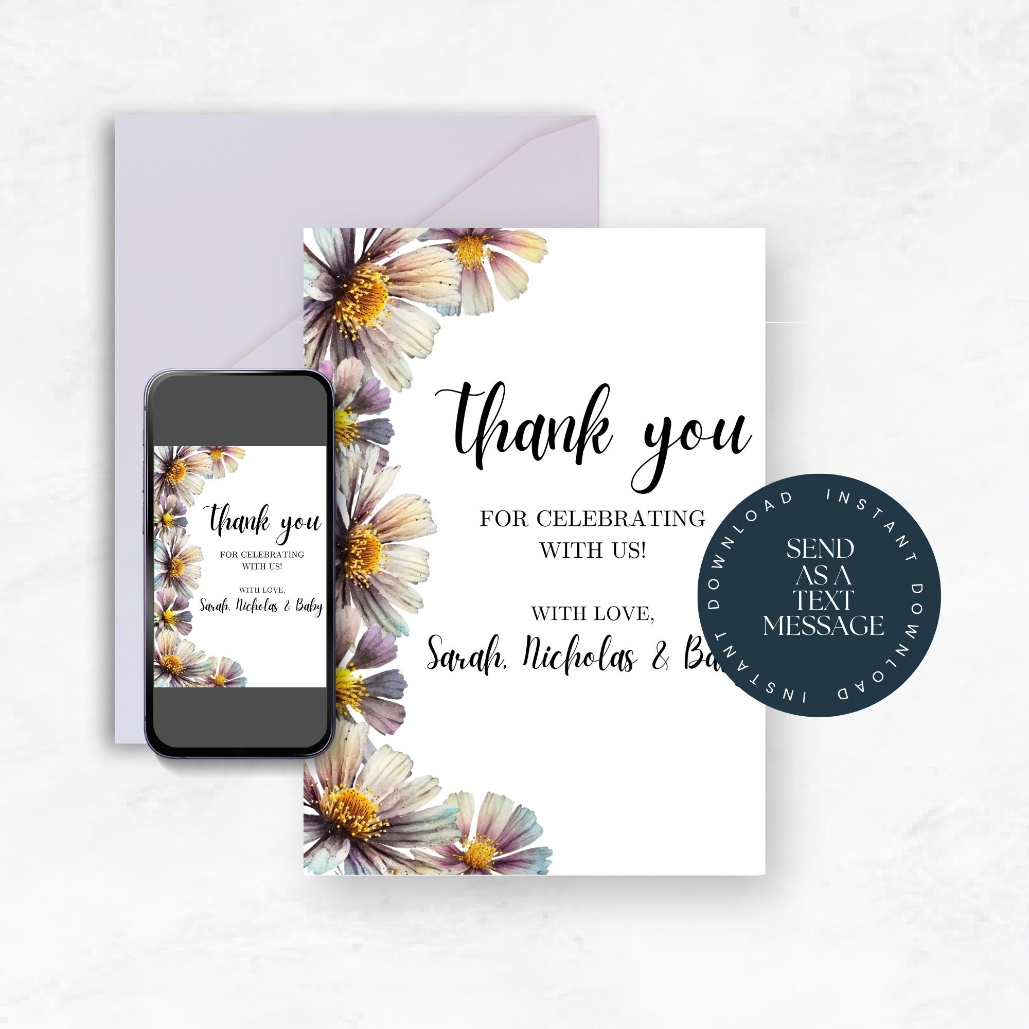 Wildflower Thank You Card Printable Instant Download Editable Baby in ...