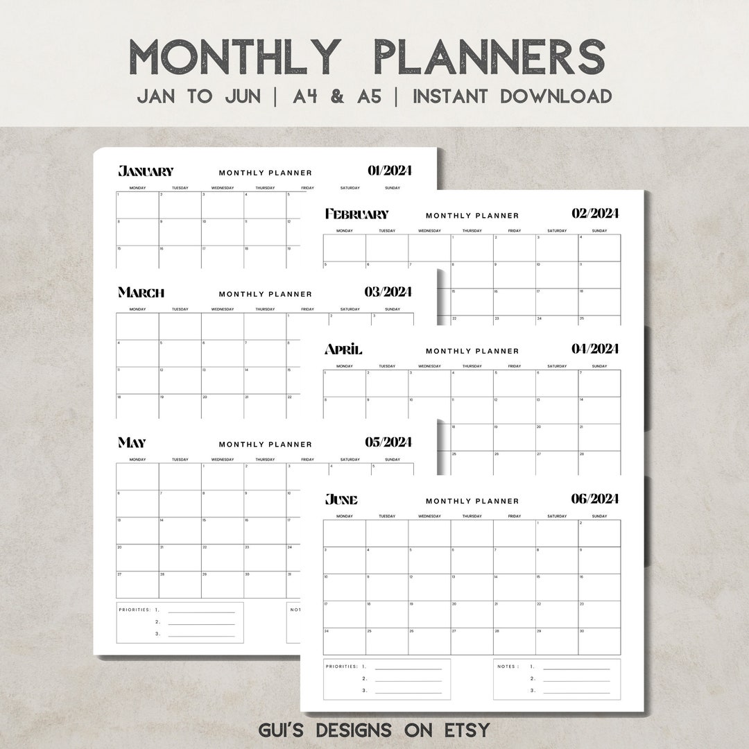 Monthly Planners 2024monthly Schedule january to June 2024 Productivity ...