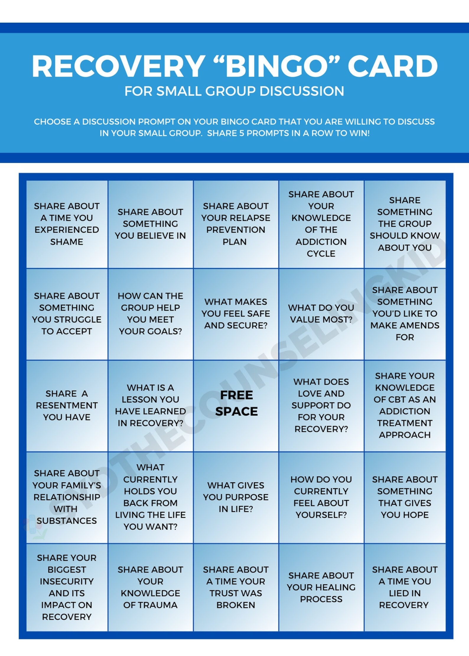 Recovery "bingo" Card for Small Group Discussion - Etsy