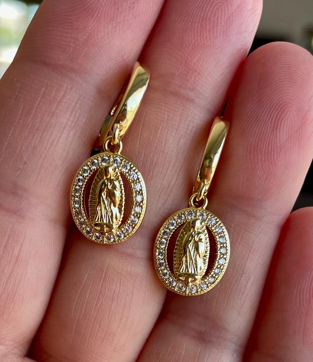 Gold Virgin Mary Earrings: Crystal Our Lady of Guadalupe Medallion - Etsy