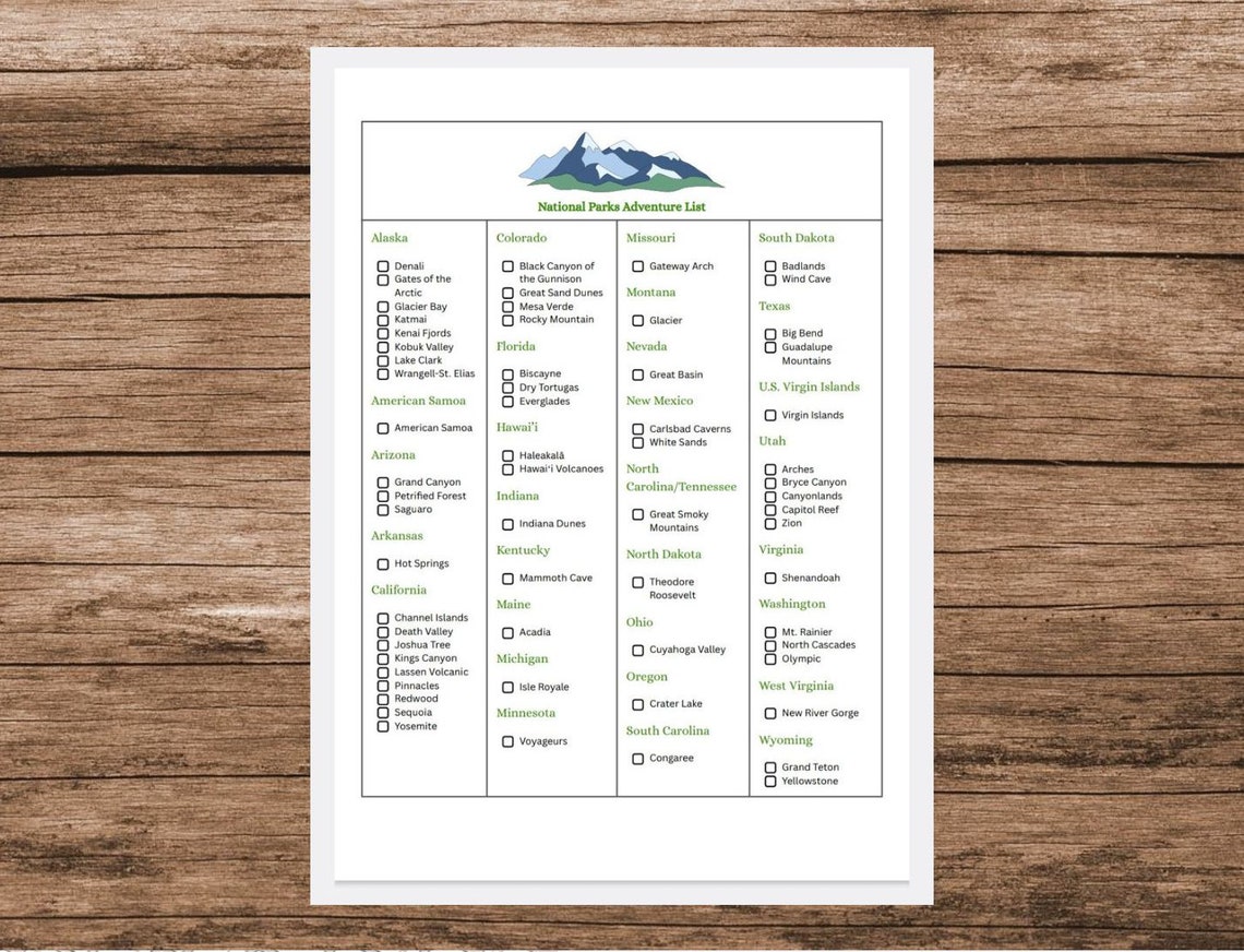 National Parks and Forests Checklist Printable National Parks and ...