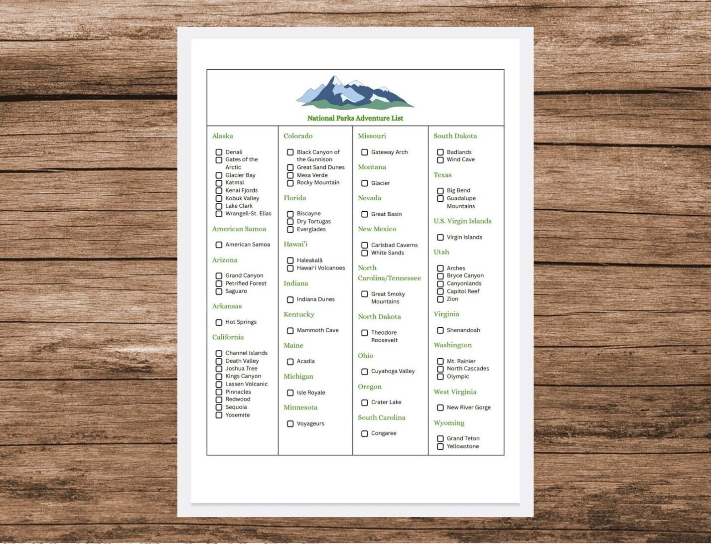 National Parks and Forests Checklist Printable National Parks and ...