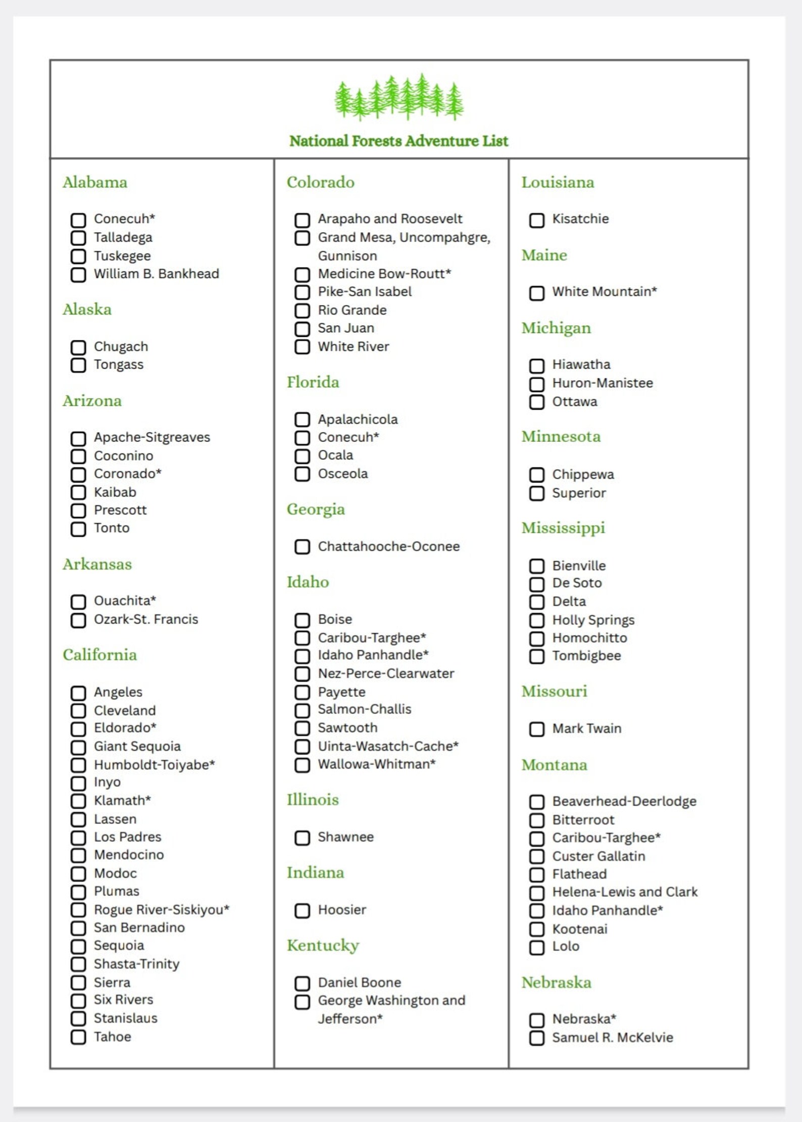 National Parks and Forests Checklist - Printable National Parks and ...