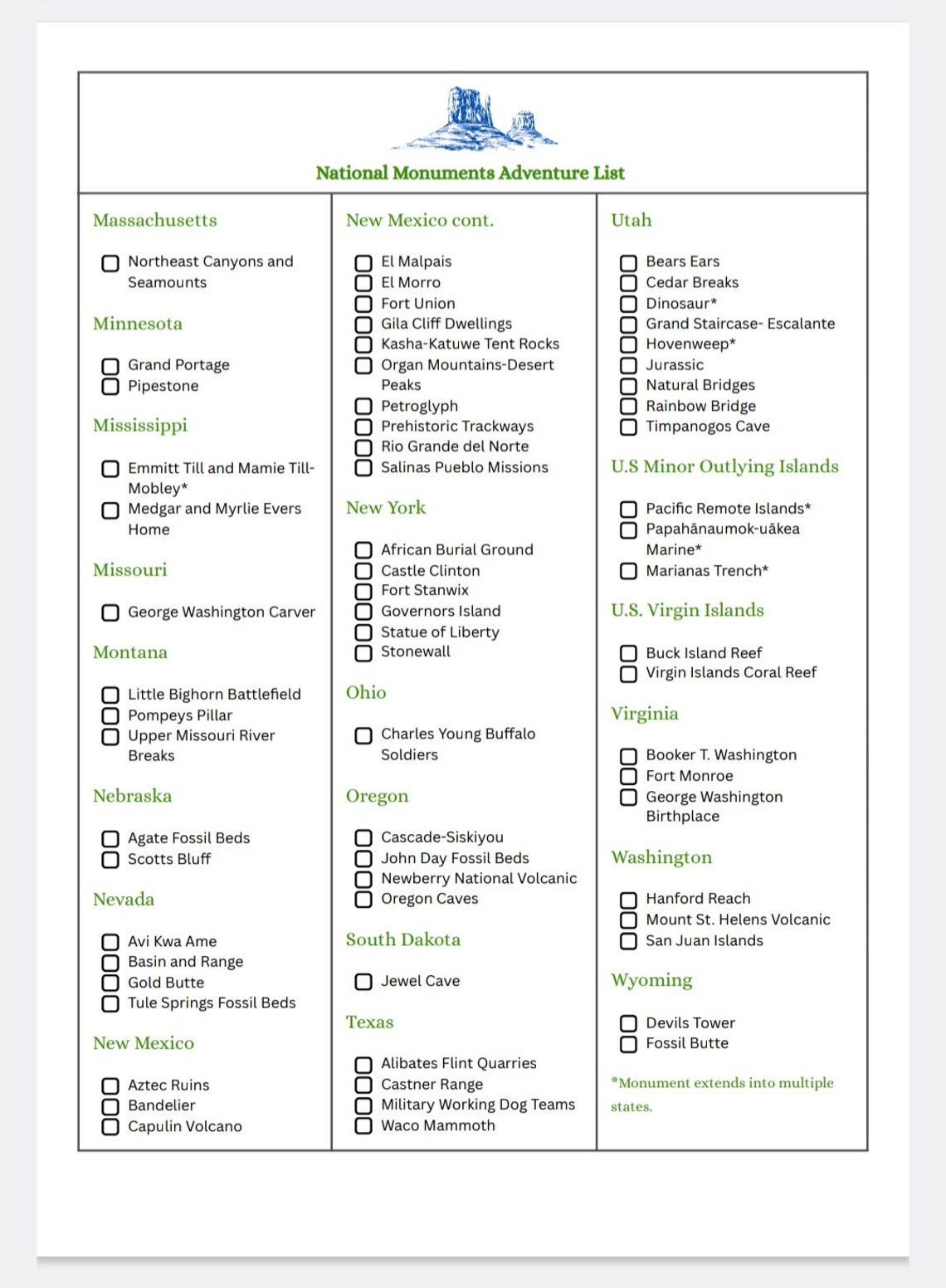 National Monuments Checklist - Printable National Monuments Road Trip ...
