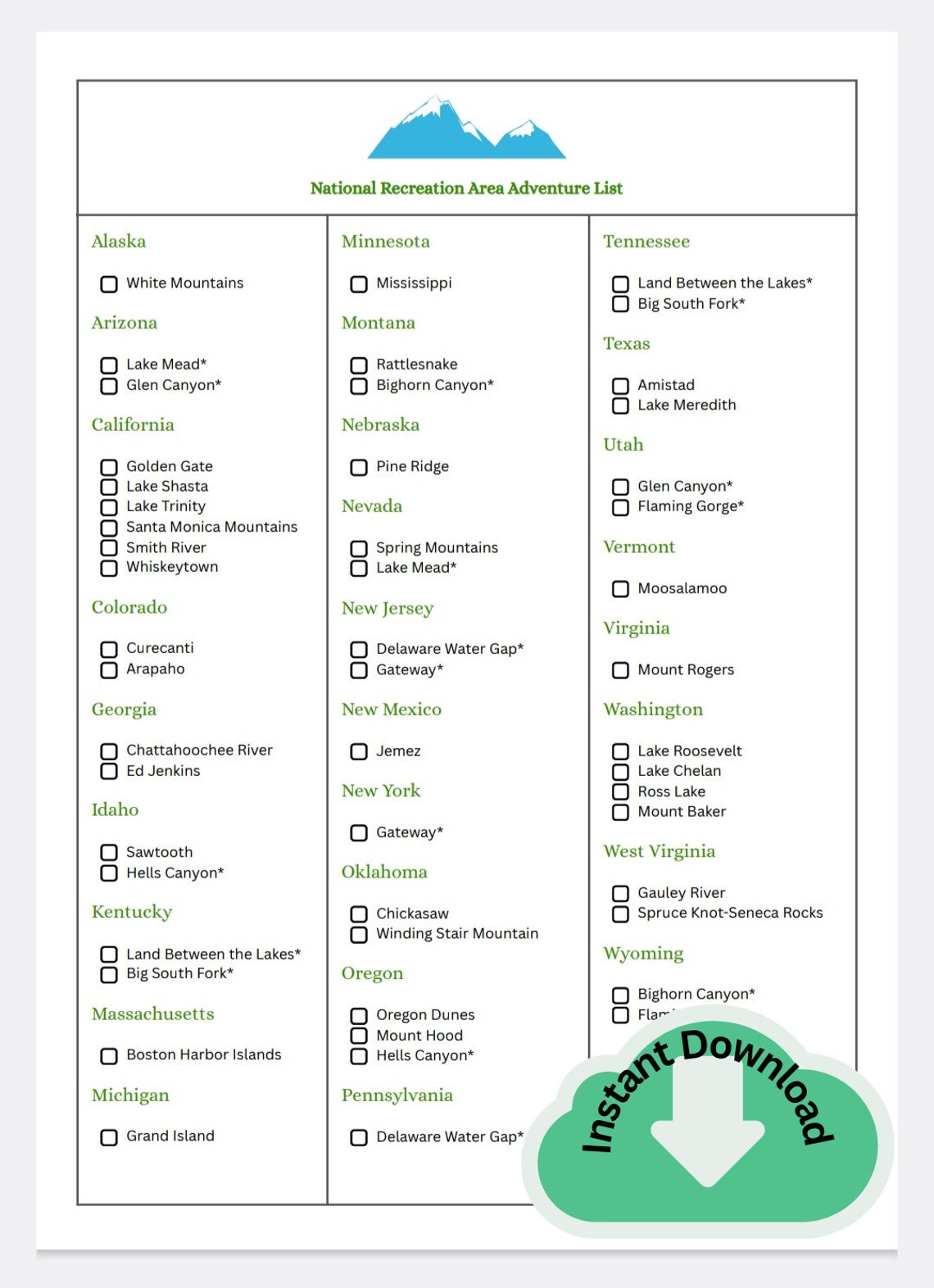 National Recreation Areas Checklist - Printable National Recreation ...