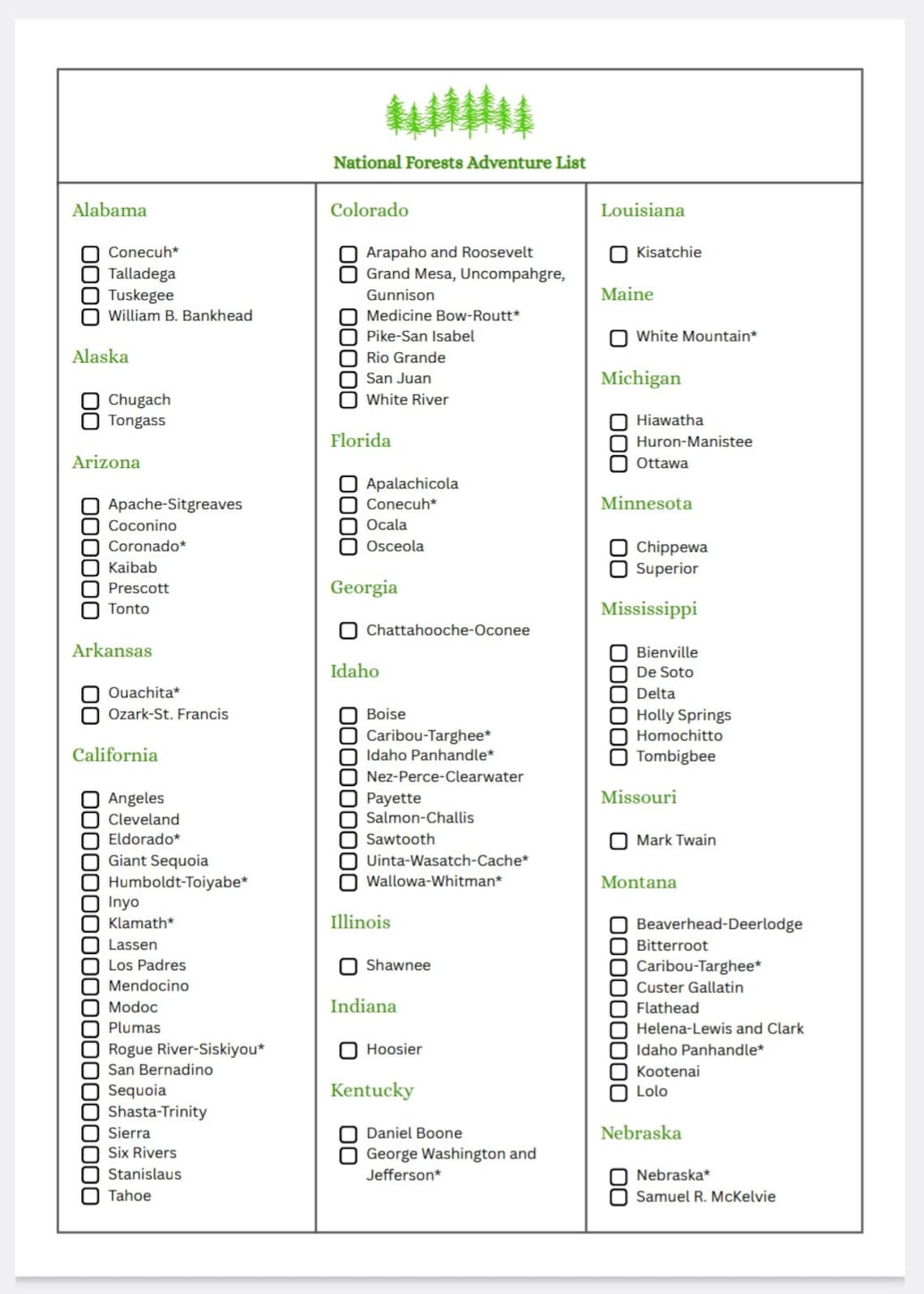 National Forests Checklist - Printable National Forests Road Trip ...