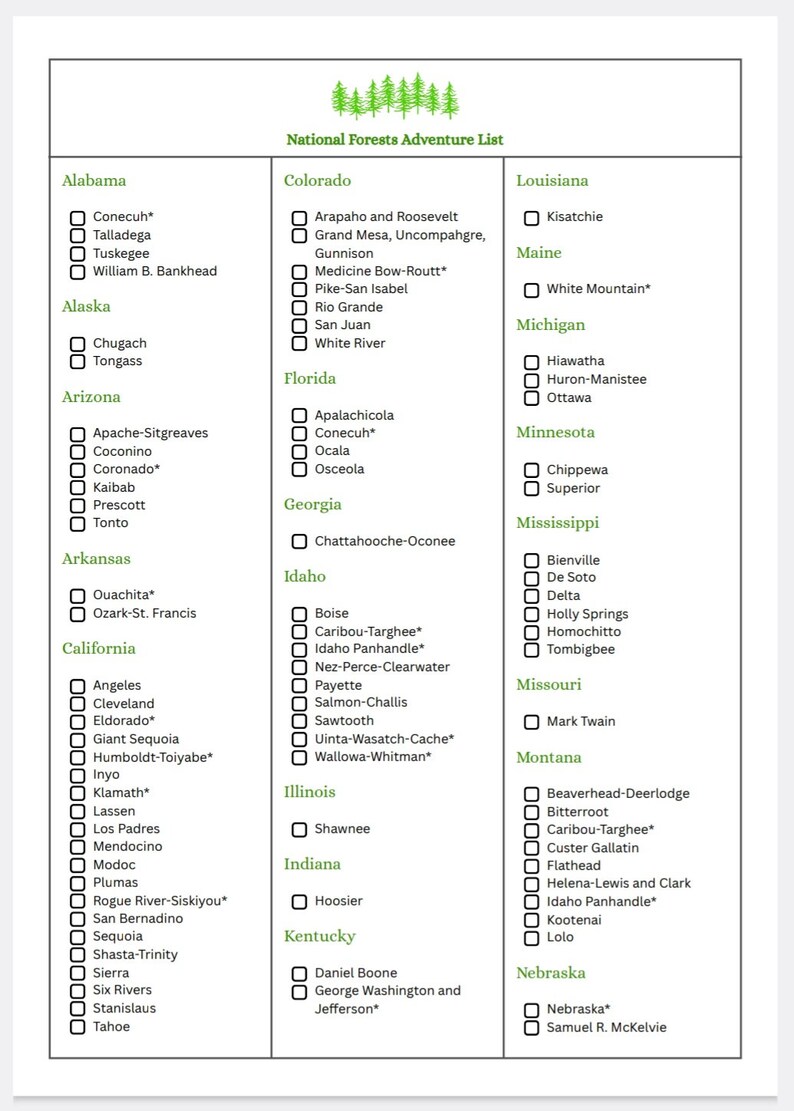National Forests Checklist - Printable National Forests Road Trip ...