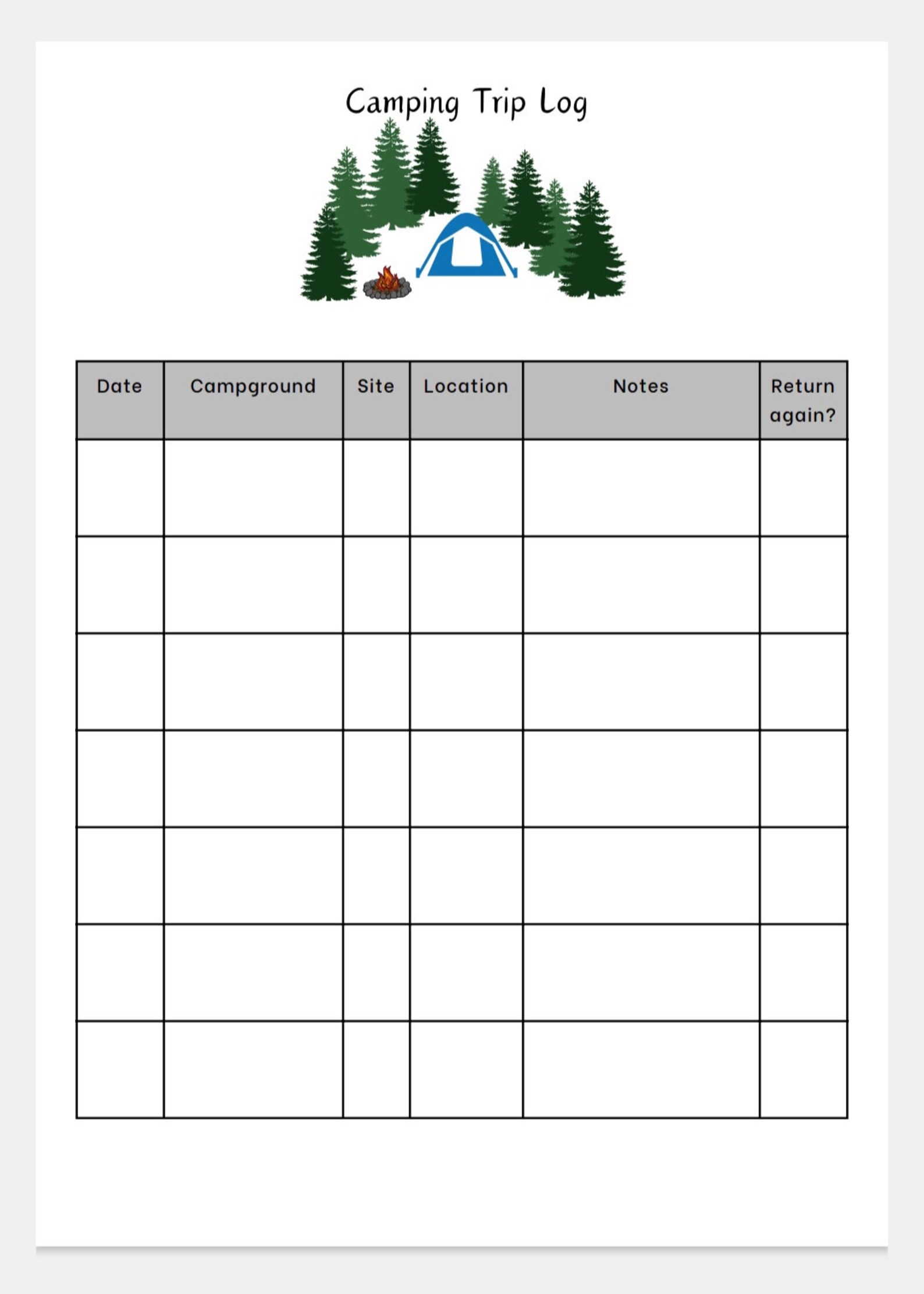 Printable Camping Trip Log - Campsite Tracker - Campground Log ...