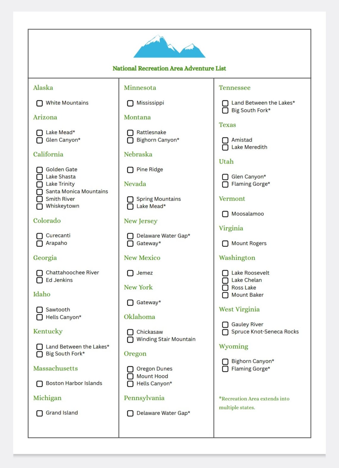 National Recreation Areas Checklist - Printable National Recreation ...