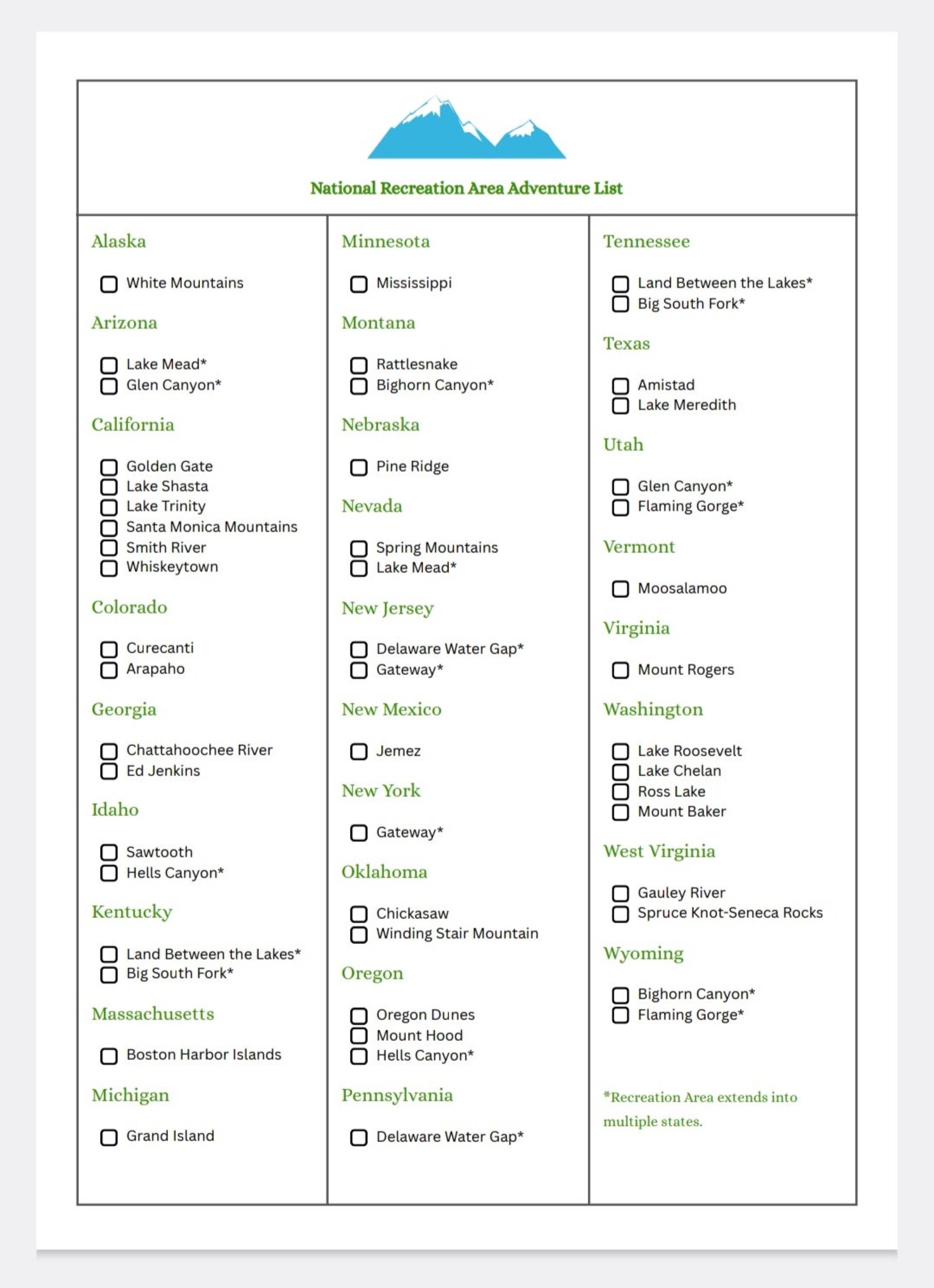 National Recreation Areas Checklist - Printable National Recreation ...